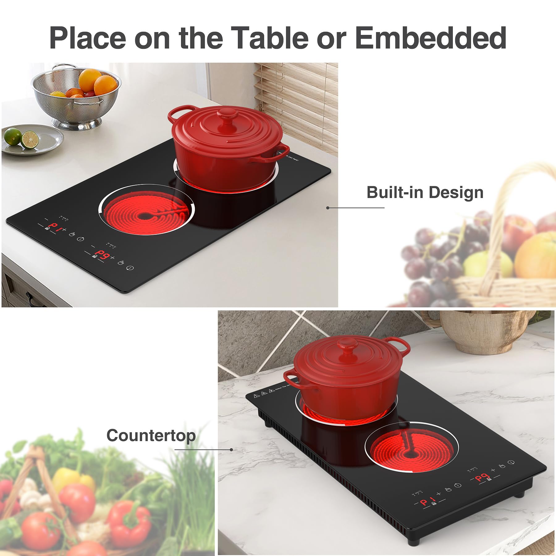 VBGK Electric Cooktop, 12 Inch Built-in Radiant Electric Stove Top,110V 2100W Electric burner with 2 Burners, 9 Heating Level, Timer & Kid Safety Lock, Sensor Touch Control 2 burner Induction Cooktop