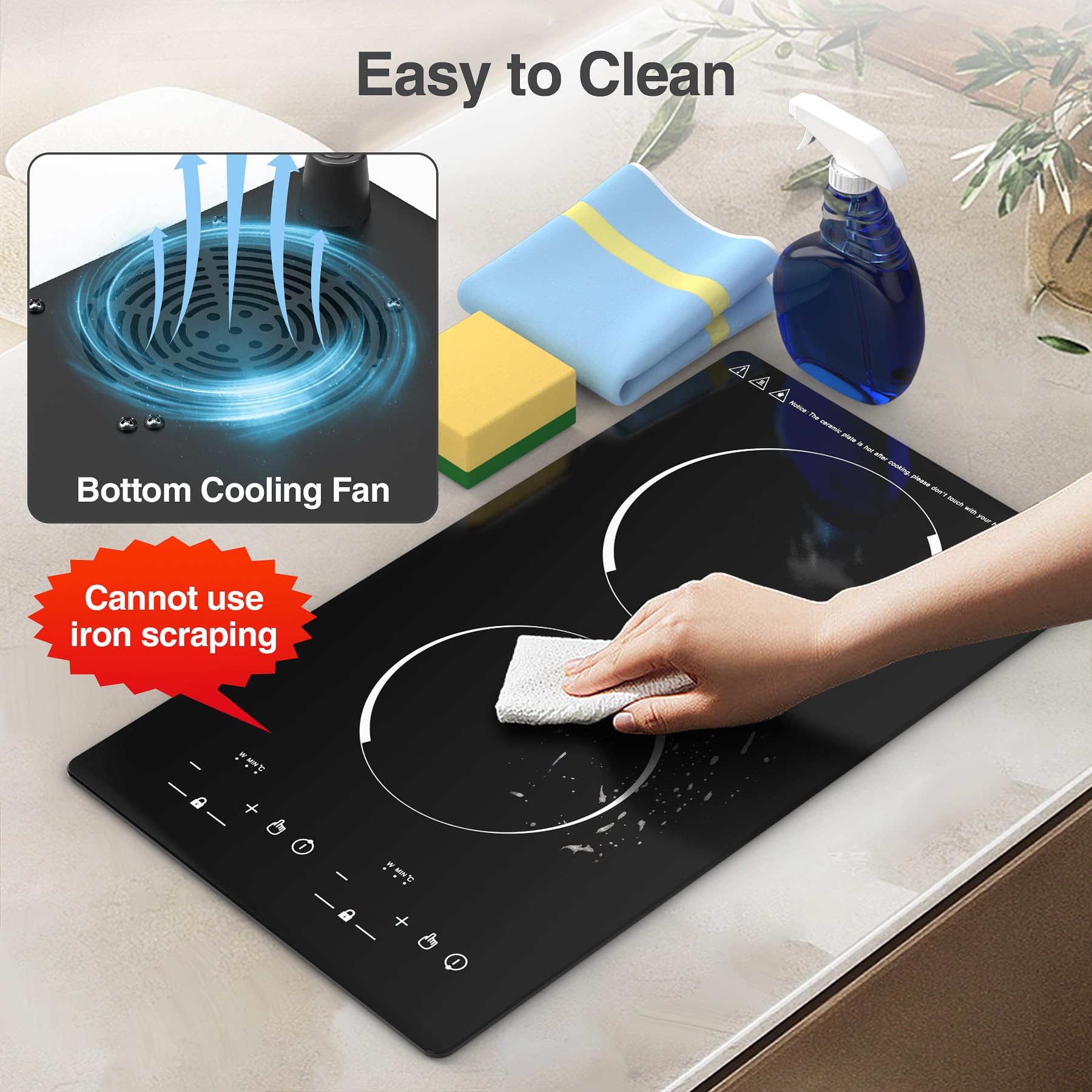 VBGK Electric Cooktop, 12 Inch Built-in Radiant Electric Stove Top,110V 2100W Electric burner with 2 Burners, 9 Heating Level, Timer & Kid Safety Lock, Sensor Touch Control 2 burner Induction Cooktop