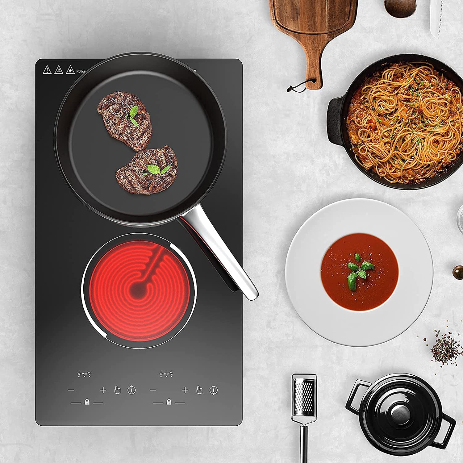 VBGK Electric Cooktop, 12 Inch Built-in Radiant Electric Stove Top,110V 2100W Electric burner with 2 Burners, 9 Heating Level, Timer & Kid Safety Lock, Sensor Touch Control 2 burner Induction Cooktop