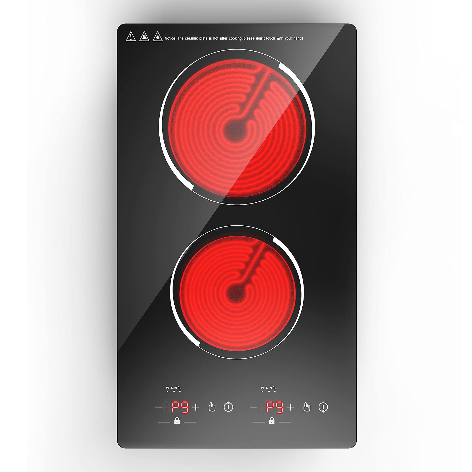 VBGK Electric Cooktop, 12 Inch Built-in Radiant Electric Stove Top,110V 2100W Electric burner with 2 Burners, 9 Heating Level, Timer & Kid Safety Lock, Sensor Touch Control 2 burner Induction Cooktop