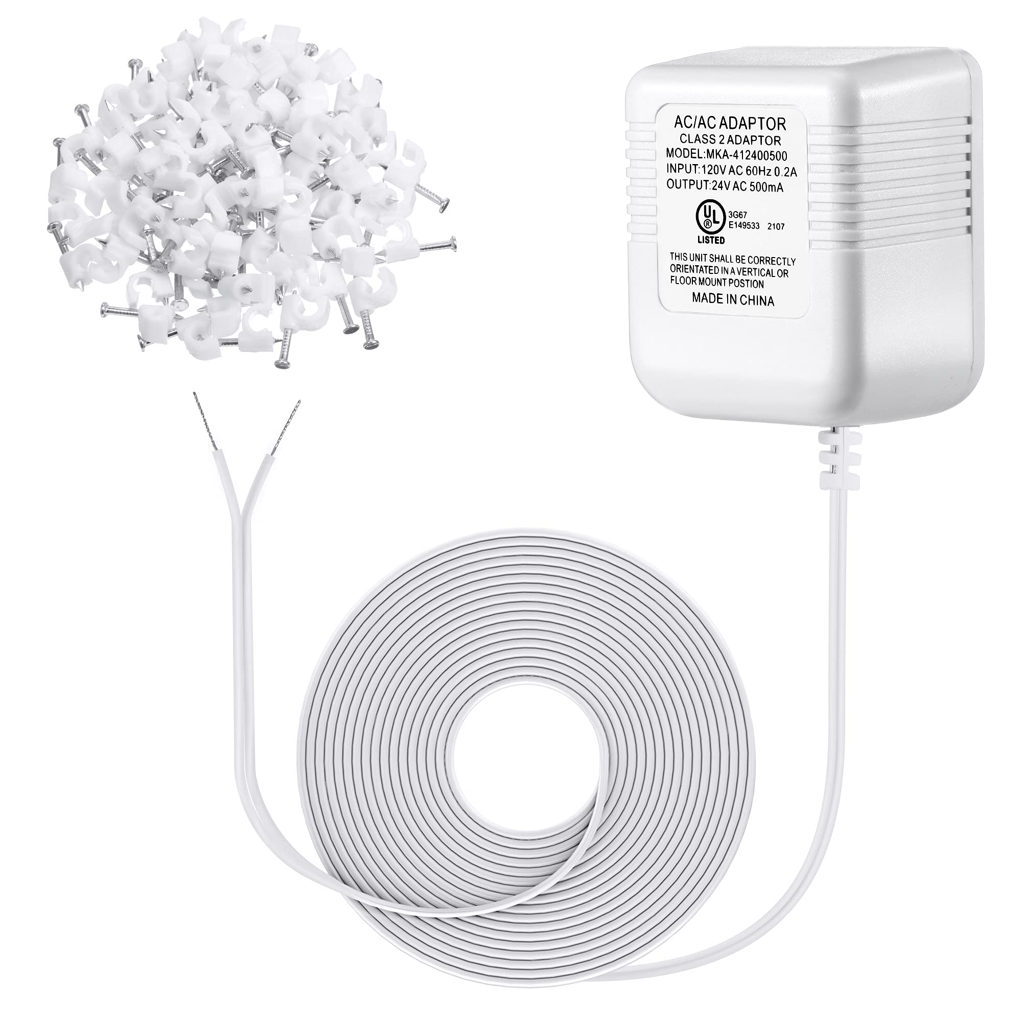Dreyoo AC 24 Volt Transformer Compatible with Ring Video Doorbell, 197 Inch Long C Wire Adapter with 48PCS Cable Clips Compatible with Ecobee,Sensi, Wyze, Eufy Thermostat