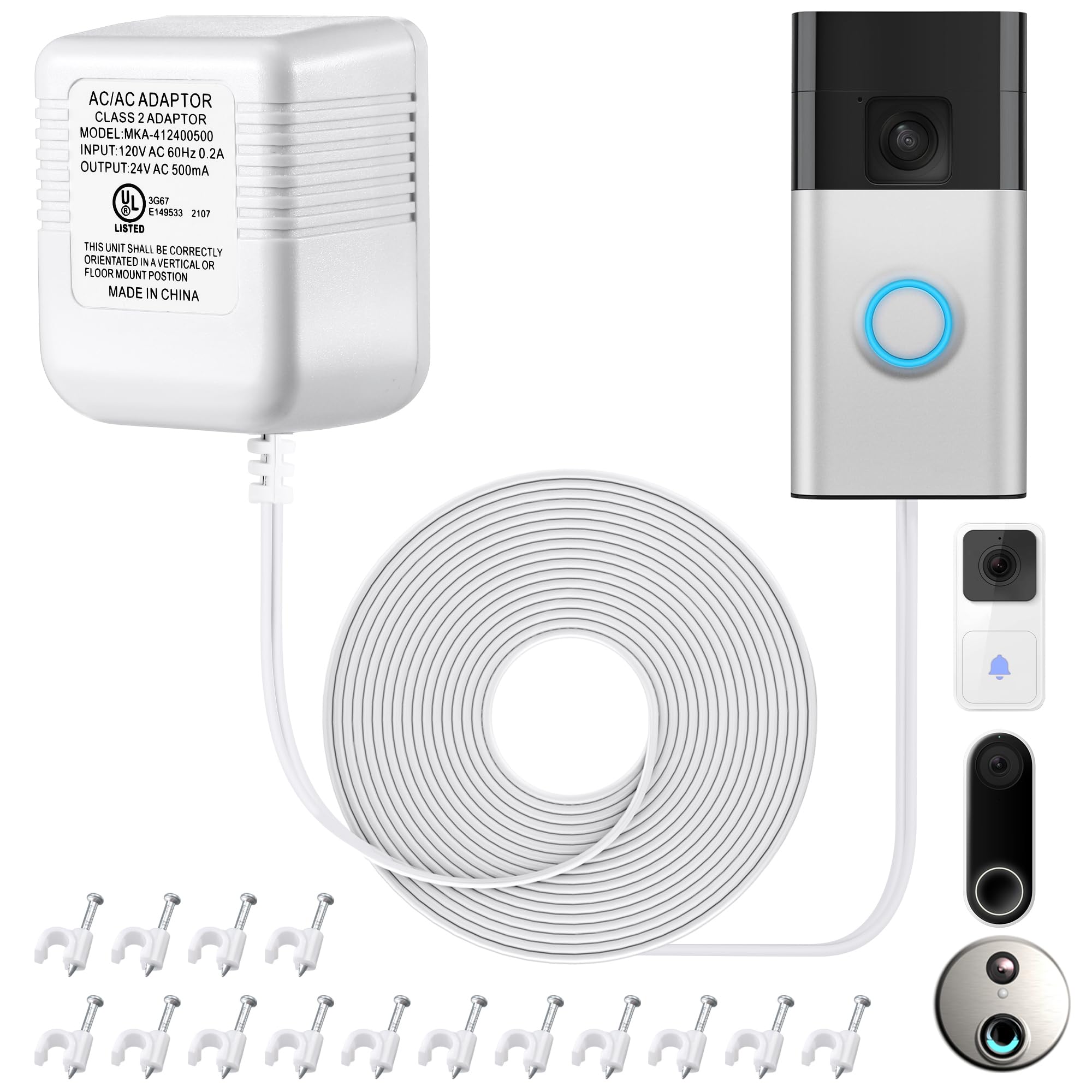 Dreyoo AC 24 Volt Transformer Compatible with Ring Video Doorbell, 197 Inch Long C Wire Adapter with 48PCS Cable Clips Compatible with Ecobee,Sensi, Wyze, Eufy Thermostat