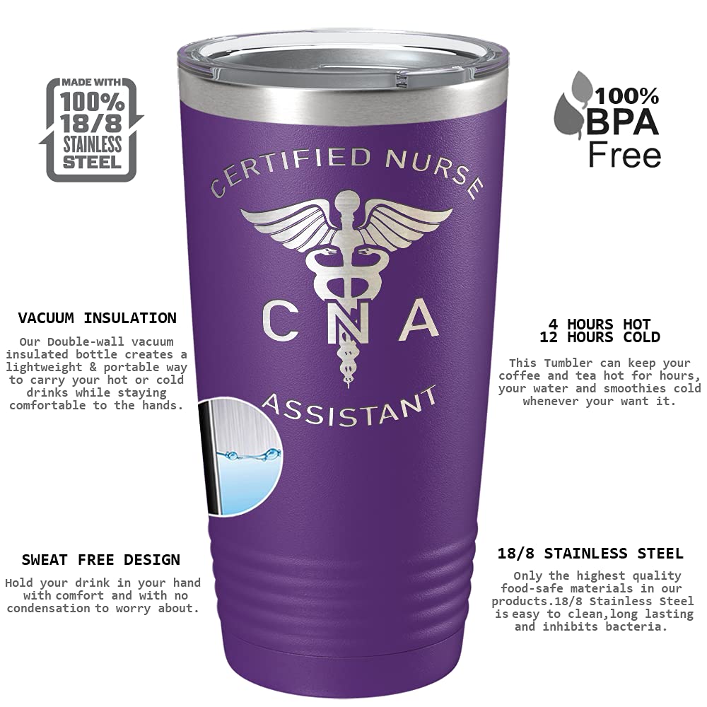 CNA Certified Nurse Assistant Gift on Purple 20 oz Stainless Steel Tumbler with Lid - Insulated Cup - Travel Mug