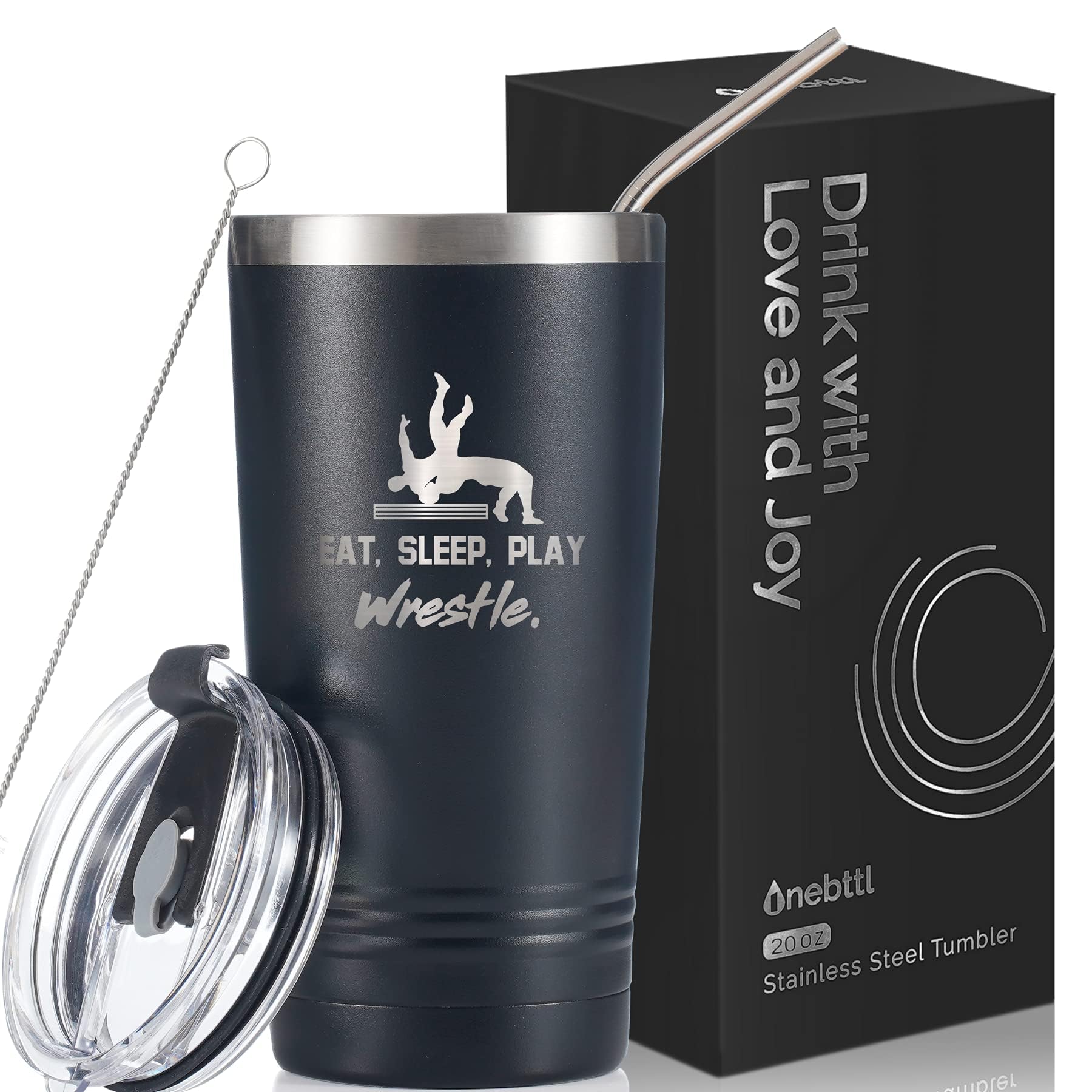 Onebttl Wrestling Gifts, Eat Sleep Play Wrestle, Wrestler Gifts for Men, Teen Boys, Appreciation Gift for Coaches, Juegos de Lucha libre, 20oz Stainless Steel Tumbler, Black