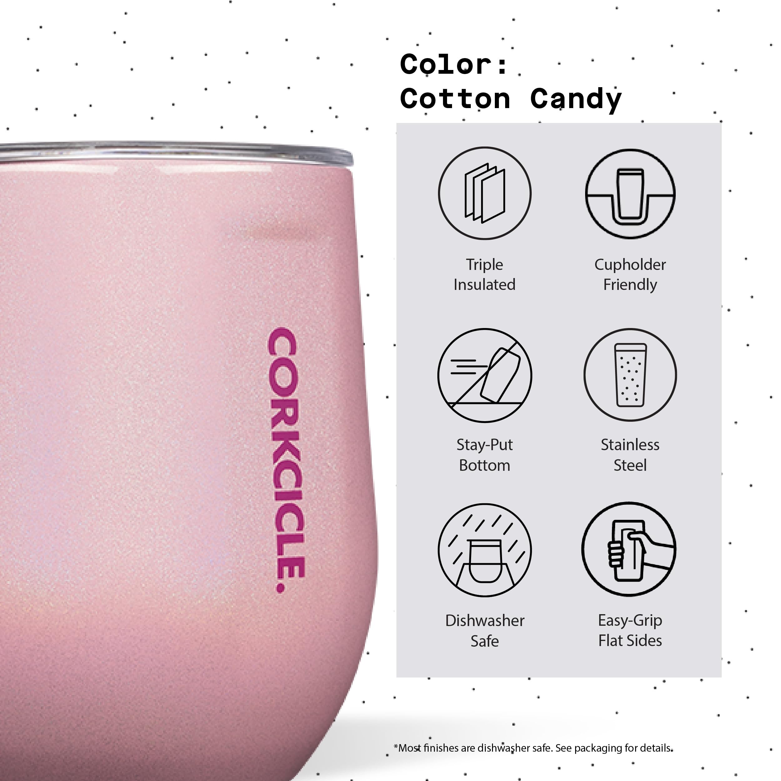 Corkcicle Stemless Insulated Wine Glass Tumbler, Cotton Candy, 12 oz – Stainless Steel Stemless Wine Glass Keeps Beverages Cold for 6 Hours, Hot for 3 Hours – Non-Slip, Easy-Grip Insulated Cup