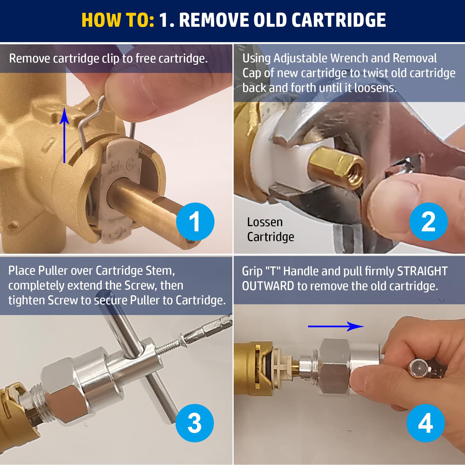 Replacement Cartridge for 1222 with Puller & Retainer Clip, Tub and Shower Repair Kit for One Handle Faucet, Bathtub Shower Valve Parts and Removal Tool, Brass and Plastics