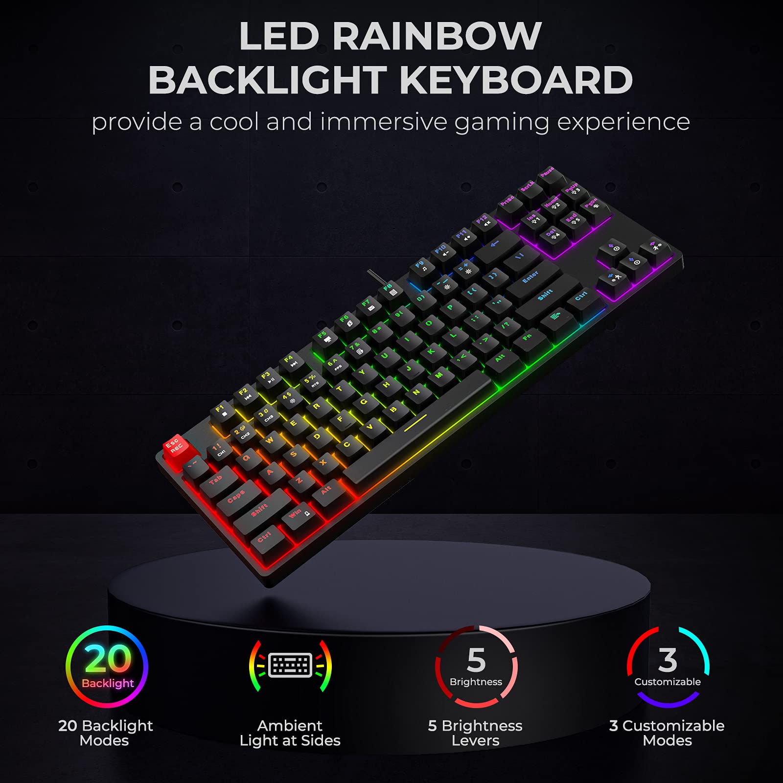 havit Mechanical Keyboard, TKL Mechanical Gaming Keyboard Wired LED Rainbow Backlit Keyboards Red Switches 80% 87 Keys Compact for PC Gaming Computer