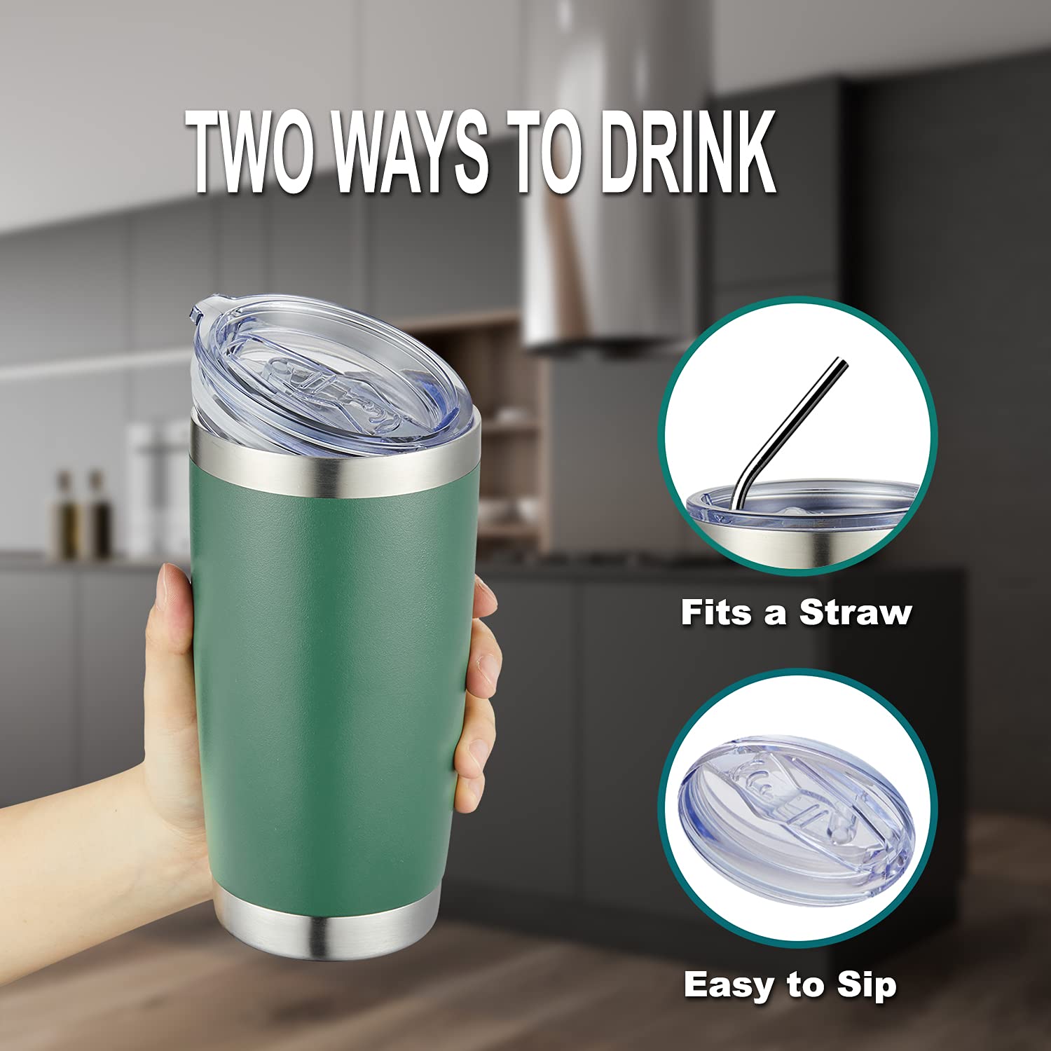 COMOOO 20oz Double Wall Vacuum Insulated Travel Mug, Stainless Steel Tumbler with Lid and Straw Durable Powder Coated Insulated Coffee Cup for Cold & Hot Drinks（Dark Green, 1 Pack）