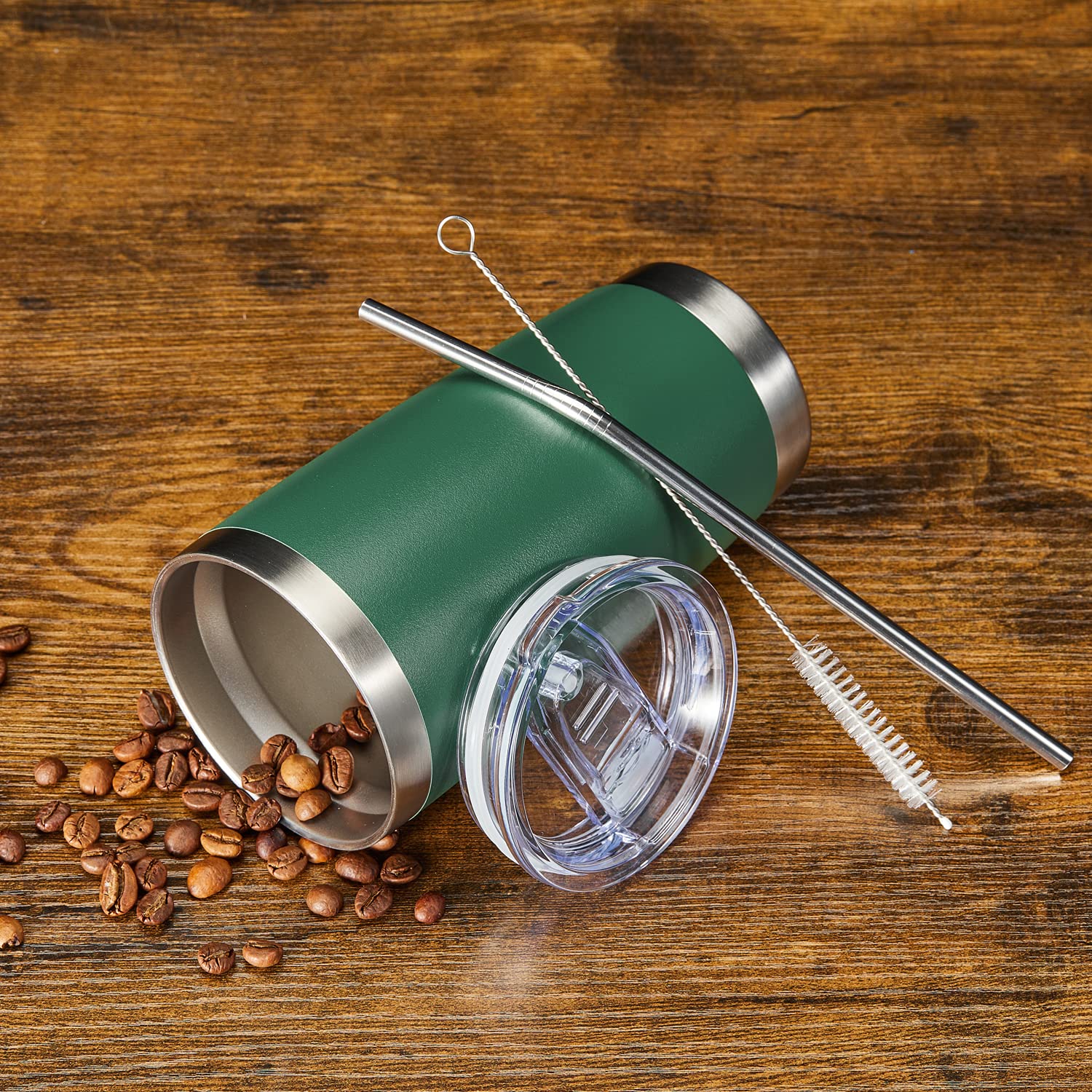 COMOOO 20oz Double Wall Vacuum Insulated Travel Mug, Stainless Steel Tumbler with Lid and Straw Durable Powder Coated Insulated Coffee Cup for Cold & Hot Drinks（Dark Green, 1 Pack）