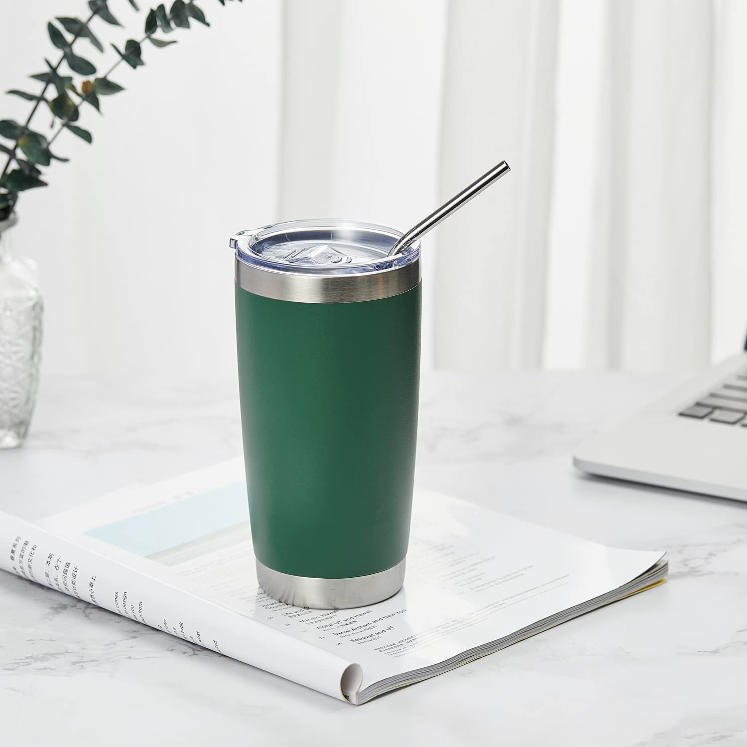 COMOOO 20oz Double Wall Vacuum Insulated Travel Mug, Stainless Steel Tumbler with Lid and Straw Durable Powder Coated Insulated Coffee Cup for Cold & Hot Drinks（Dark Green, 1 Pack）