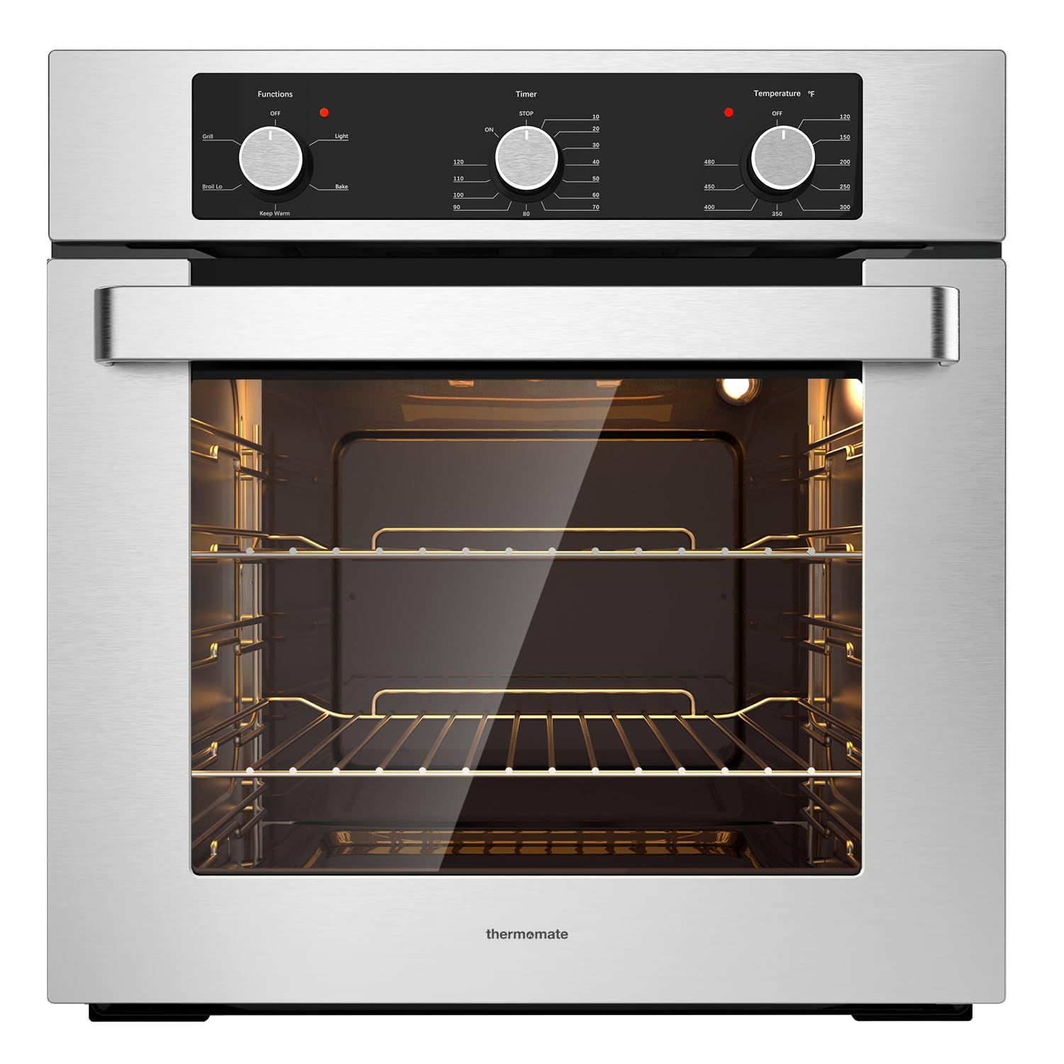 Single Wall Oven, thermomate 24" Built-in Electric Oven with 5 Cooking Functions, 2.79 Cu.ft. Electric Wall Ovens with Stainless Steel Finish, Mechanical Knobs Control, ETL Certified