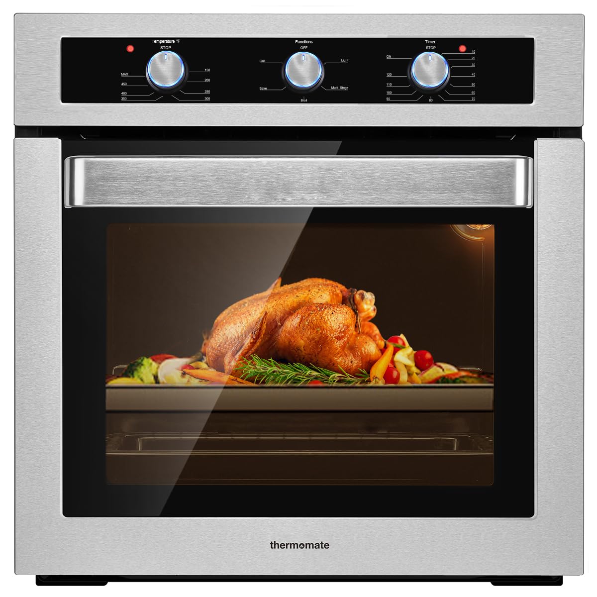 Single Wall Oven, thermomate 24" Built-in Electric Oven with 5 Cooking Functions, 2.79 Cu.ft. Electric Wall Ovens with Stainless Steel Finish, Mechanical Knobs Control, ETL Certified