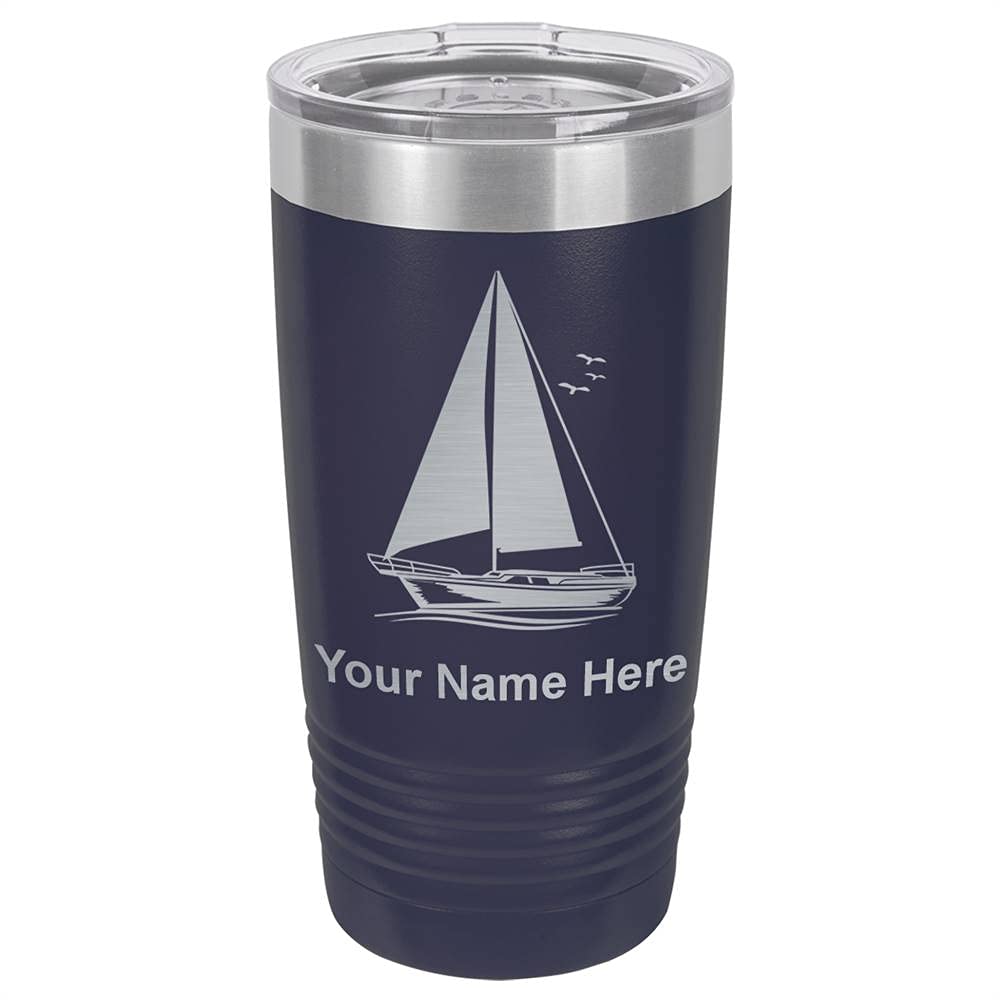 LaserGram 20oz Vacuum Insulated Tumbler Mug, Sailboat, Personalized Engraving Included (Navy Blue)