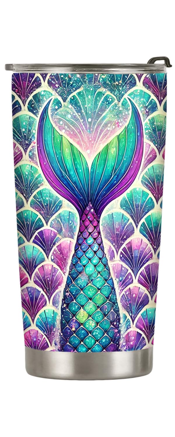 20oz Mermaid Tumbler, Gifts for Mermaid Lovers, Sea, Ocean, Beach Gifts, Coffee Thermos for Women, Stainless Steel Double Wall Vacuum Insulated Coffee Mug, Travel Cup with Lid
