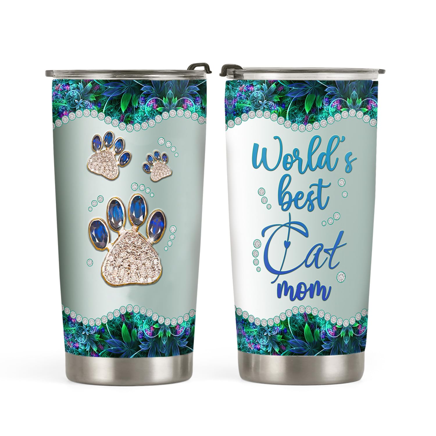 20oz Green Jade Jewelry Cat Mom Tumbler, World's Best Cat Mom Gifts for Cats Lovers, Coffee Thermos for Women, Stainless Steel Double Wall Vacuum Insulated Coffee Mug, Travel Cup with Lid