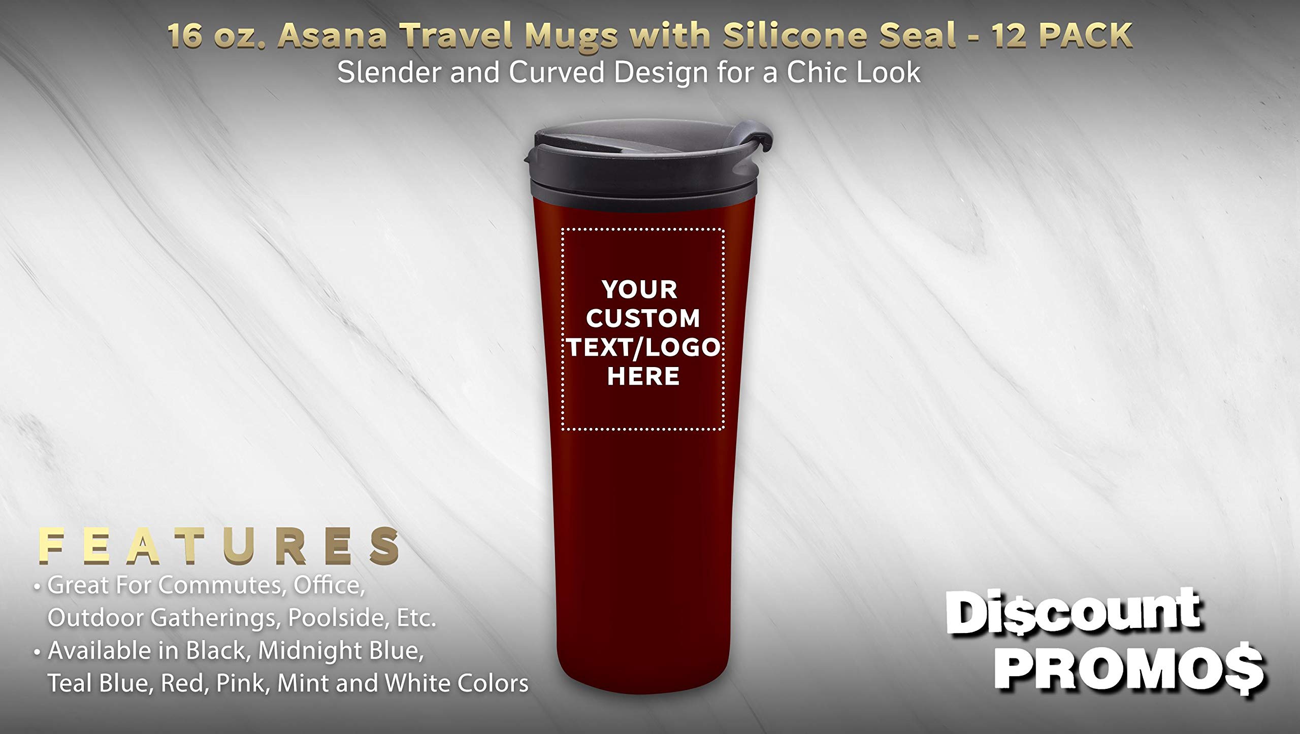 Personalized 16 oz. Asana Travel Mugs with Silicone Seal - 12 Pack - Custom Text, Logo - Red