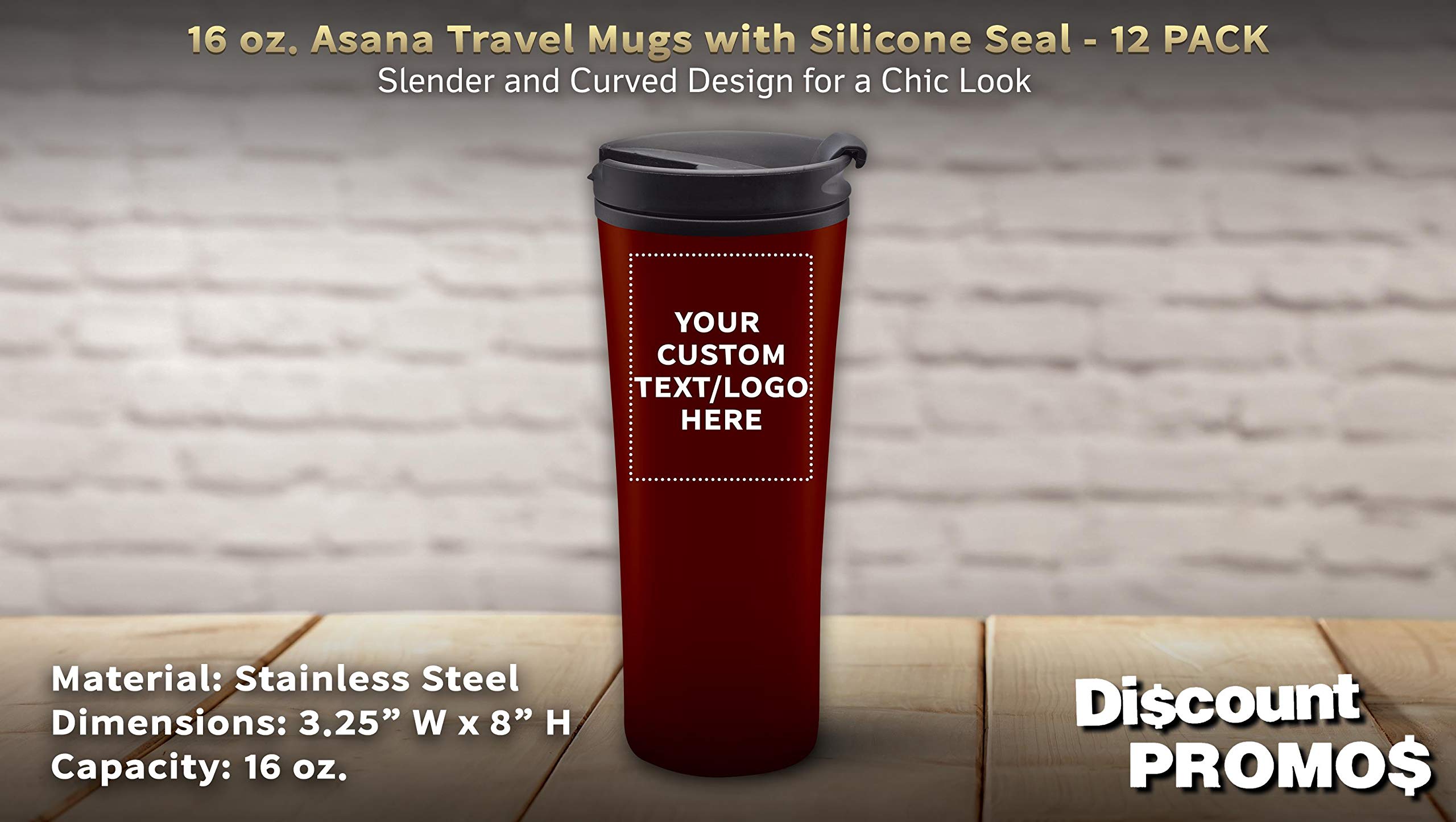Personalized 16 oz. Asana Travel Mugs with Silicone Seal - 12 Pack - Custom Text, Logo - Red