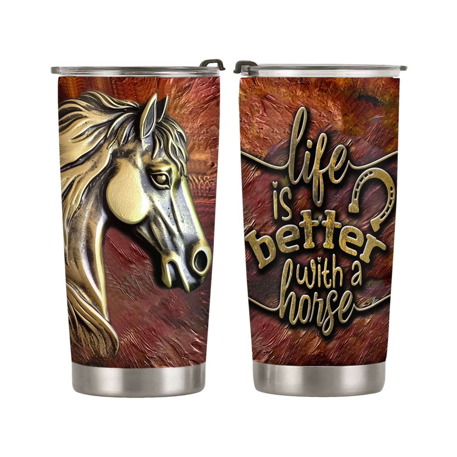 20oz Metal Horse Tumbler, Life is Better with a Horse, Country, Equestrian Gifts for Horses Lovers, Coffee Thermos, Stainless Steel Double Wall Vacuum Insulated Coffee Mug, Travel Cup with Lid