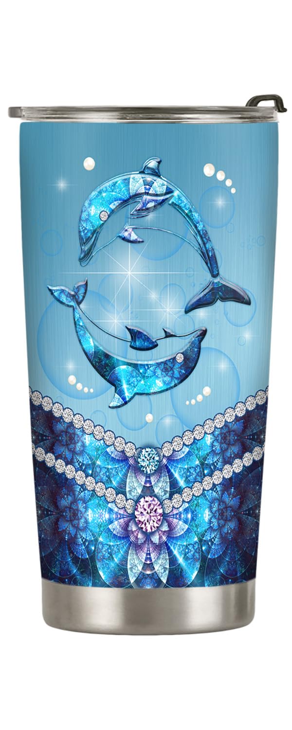 20oz Blue Jewelry Dolphin Tumbler, Gifts for Dolphin Lovers, Sea Ocean Gifts, Coffee Thermos for Women, Stainless Steel Double Wall Vacuum Insulated Coffee Mug, Travel Cup with Lid