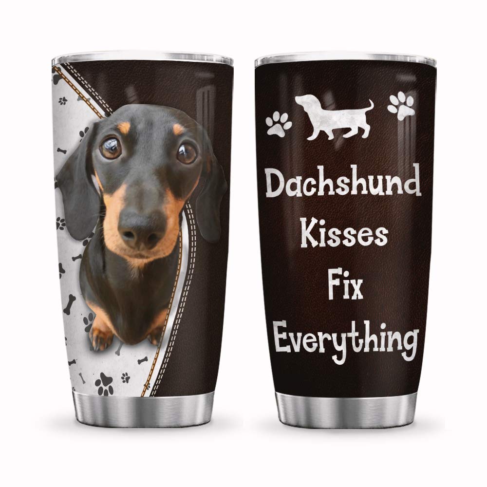20oz Dachshund Tumbler, Dachshund Kisses Fix Everything, Gifts for Dachshunds Lovers, Coffee Thermos for Women, Stainless Steel Double Wall Vacuum Insulated Coffee Mug, Travel Cup with Lid