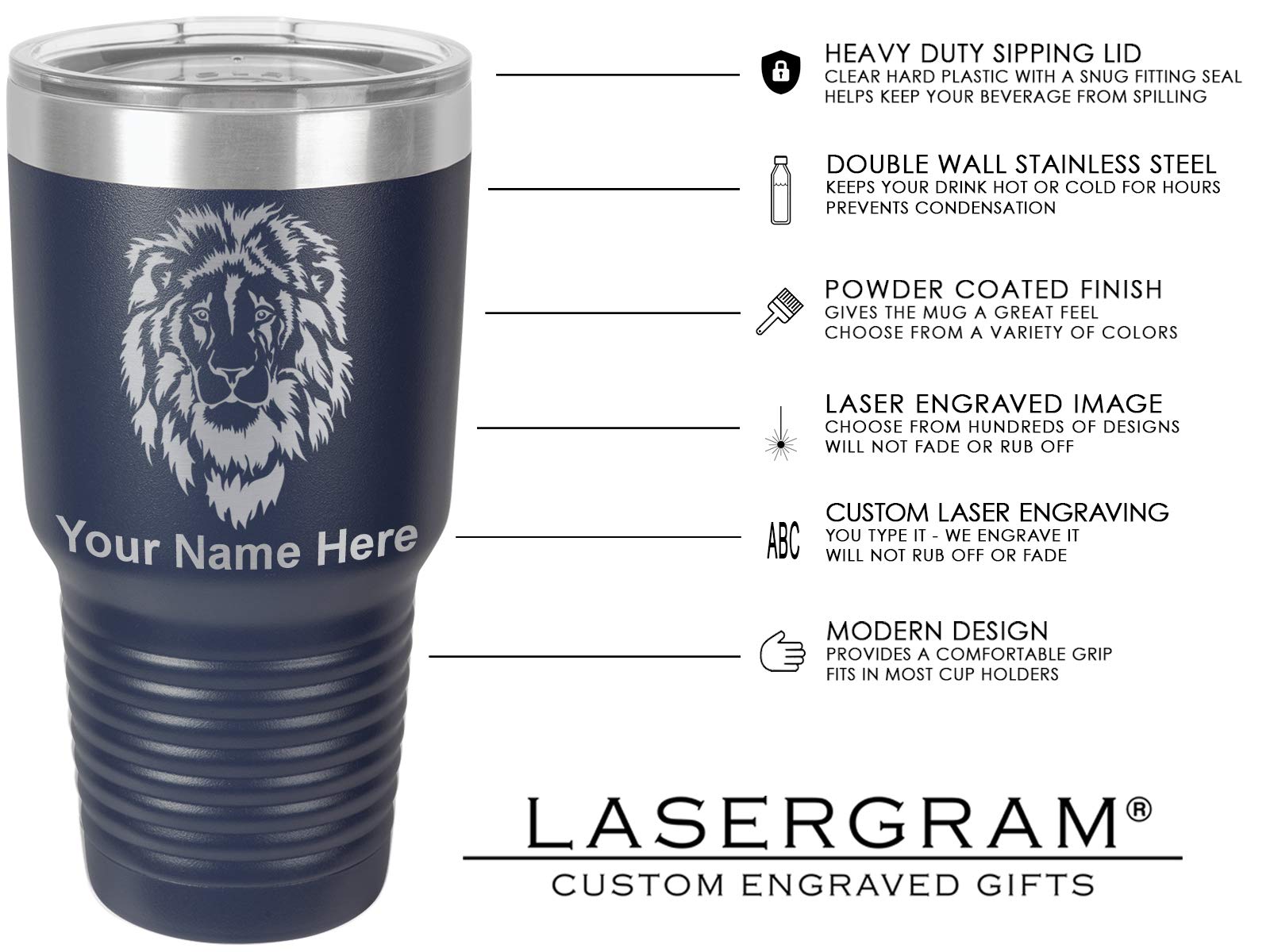 LaserGram 30oz Vacuum Insulated Tumbler Mug, Tyrannosaurus Rex Dinosaur, Personalized Engraving Included (Navy Blue)