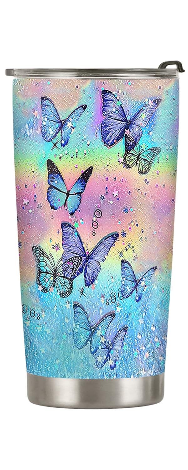 20oz Colorful Tie Dye Butterfly Tumbler, Gifts for Butterfly Lovers, Coffee Thermos for Women, Stainless Steel Double Wall Vacuum Insulated Coffee Mug, Travel Cup with Lid