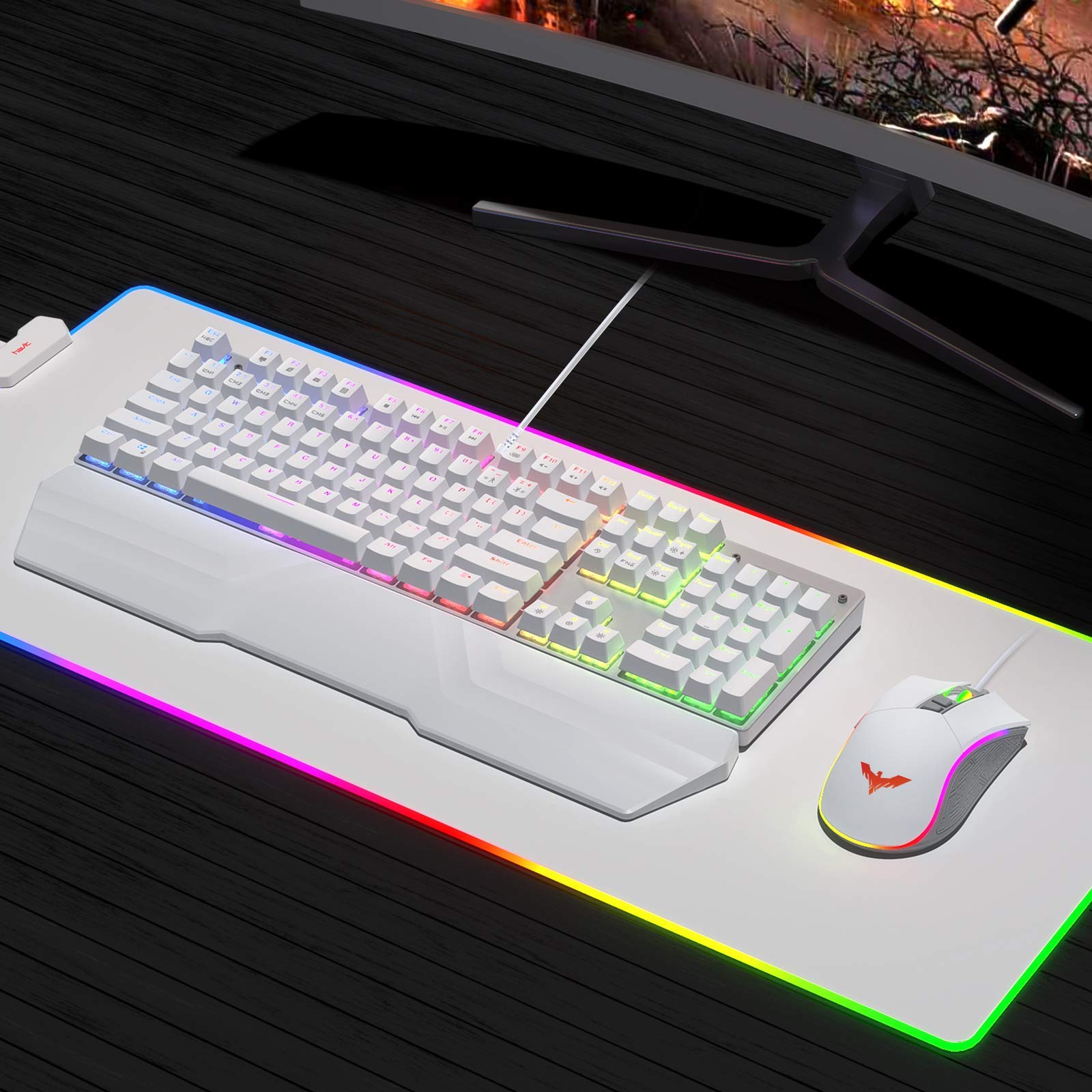 Havit Mechanical Keyboard and Mouse Combo RGB Gaming 104 Keys Blue Switches Wired USB Keyboards with Detachable Wrist Rest, Programmable Gaming Mouse for PC Gamer Computer Desktop (White) (Renewed)