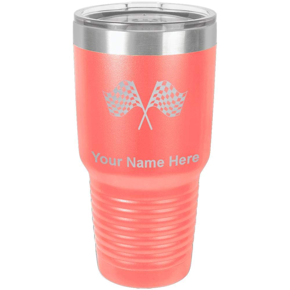 LaserGram 30oz Vacuum Insulated Tumbler Mug, Racing Flags, Personalized Engraving Included (Coral)