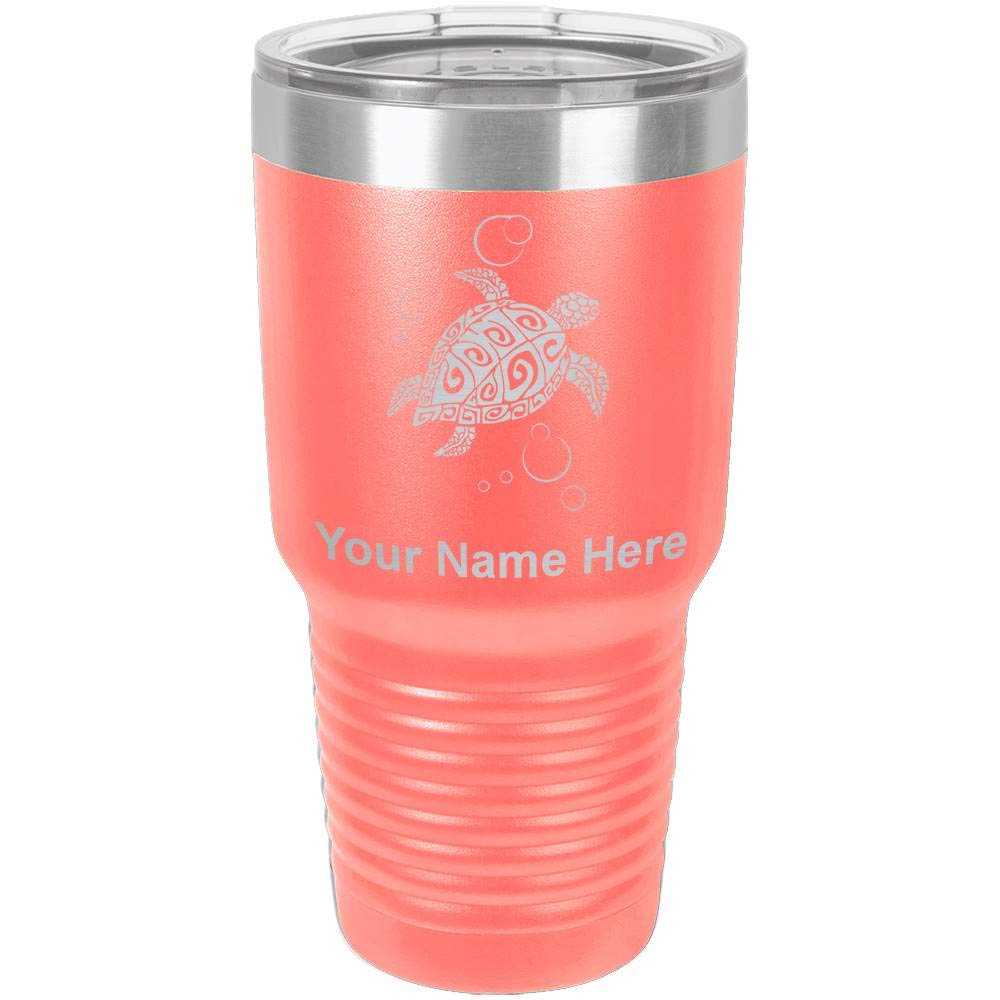 LaserGram 30oz Vacuum Insulated Tumbler Mug, Hawaiian Sea Turtle, Personalized Engraving Included (Coral)