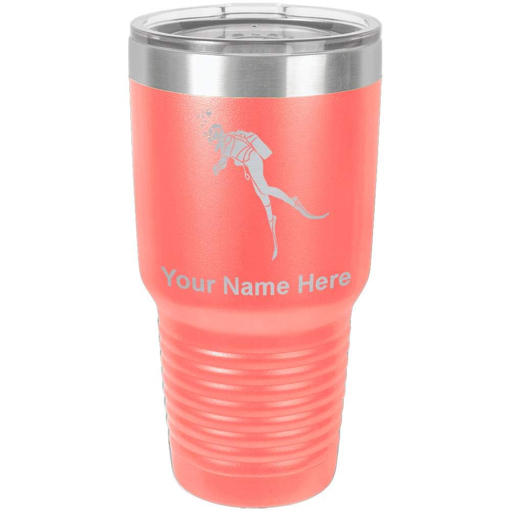 LaserGram 30oz Vacuum Insulated Tumbler Mug, Scuba Diver, Personalized Engraving Included (Coral)