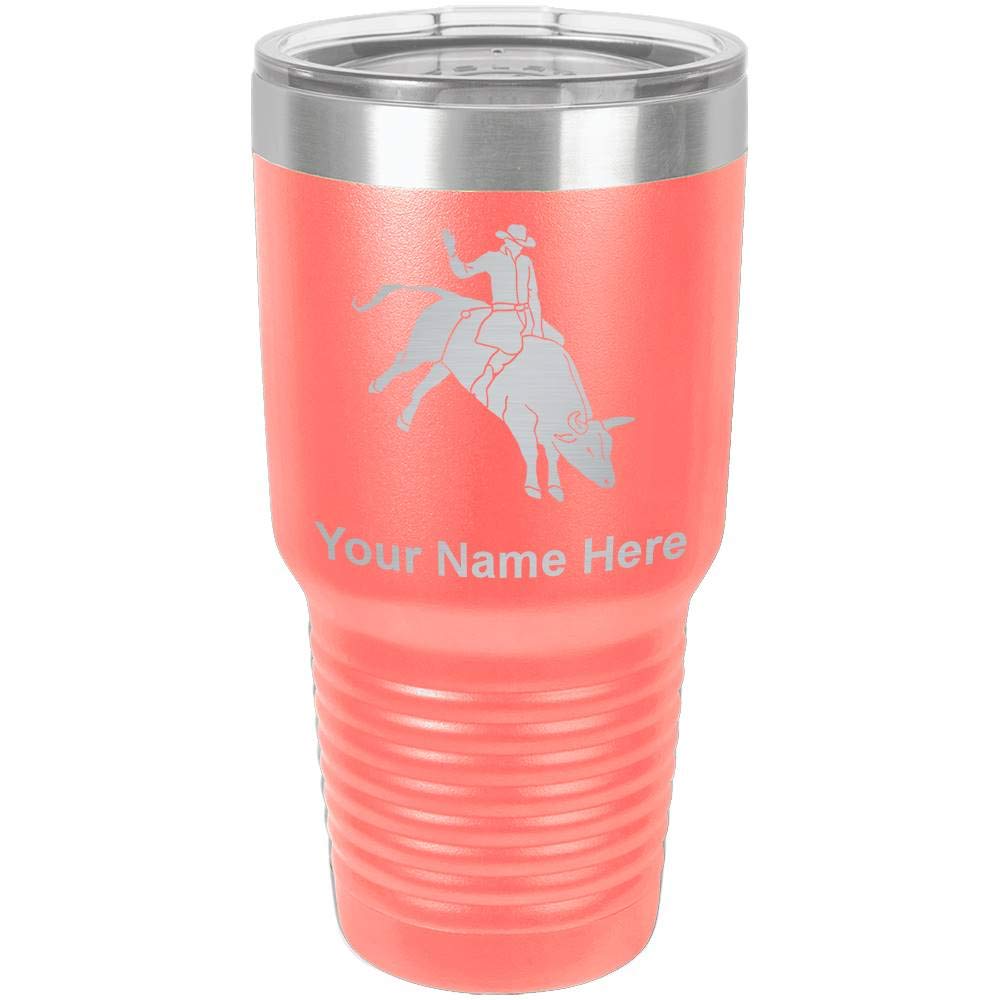LaserGram 30oz Vacuum Insulated Tumbler Mug, Bull Rider Cowboy, Personalized Engraving Included (Coral)