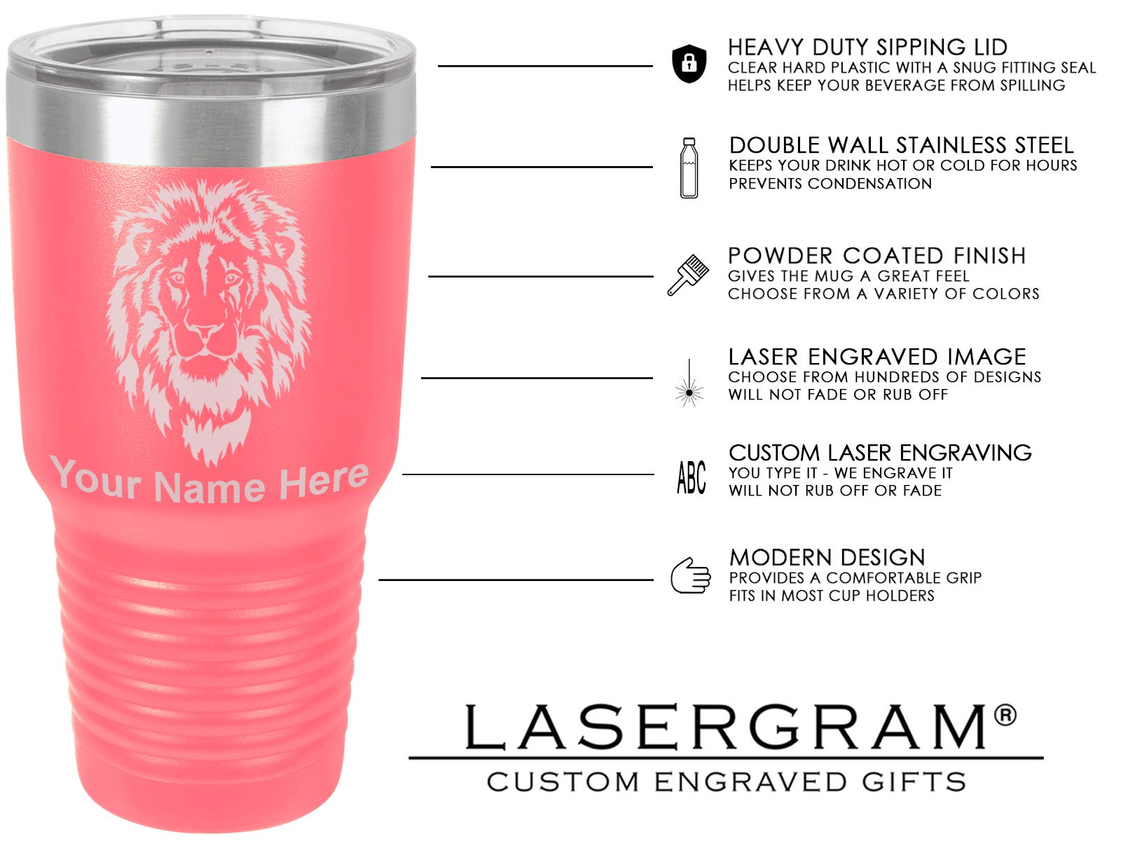 LaserGram 30oz Vacuum Insulated Tumbler Mug, Alligator, Personalized Engraving Included (Coral)