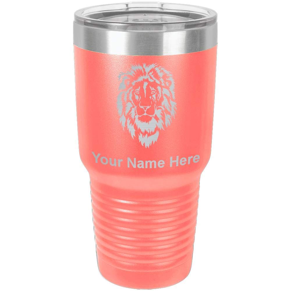 LaserGram 30oz Vacuum Insulated Tumbler Mug, Lion Head, Personalized Engraving Included (Coral)