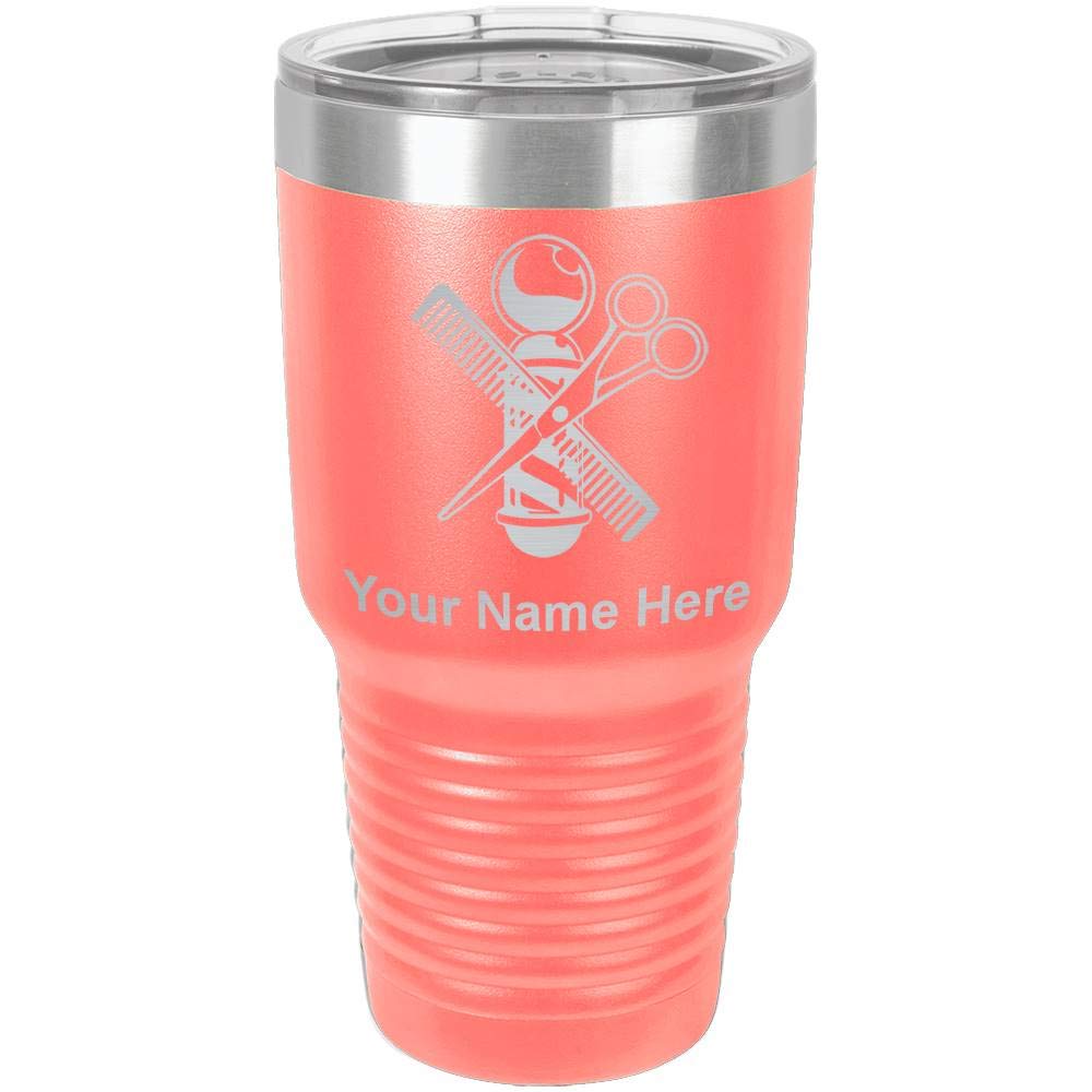 LaserGram 30oz Vacuum Insulated Tumbler Mug, Barber Shop Pole, Personalized Engraving Included (Coral)