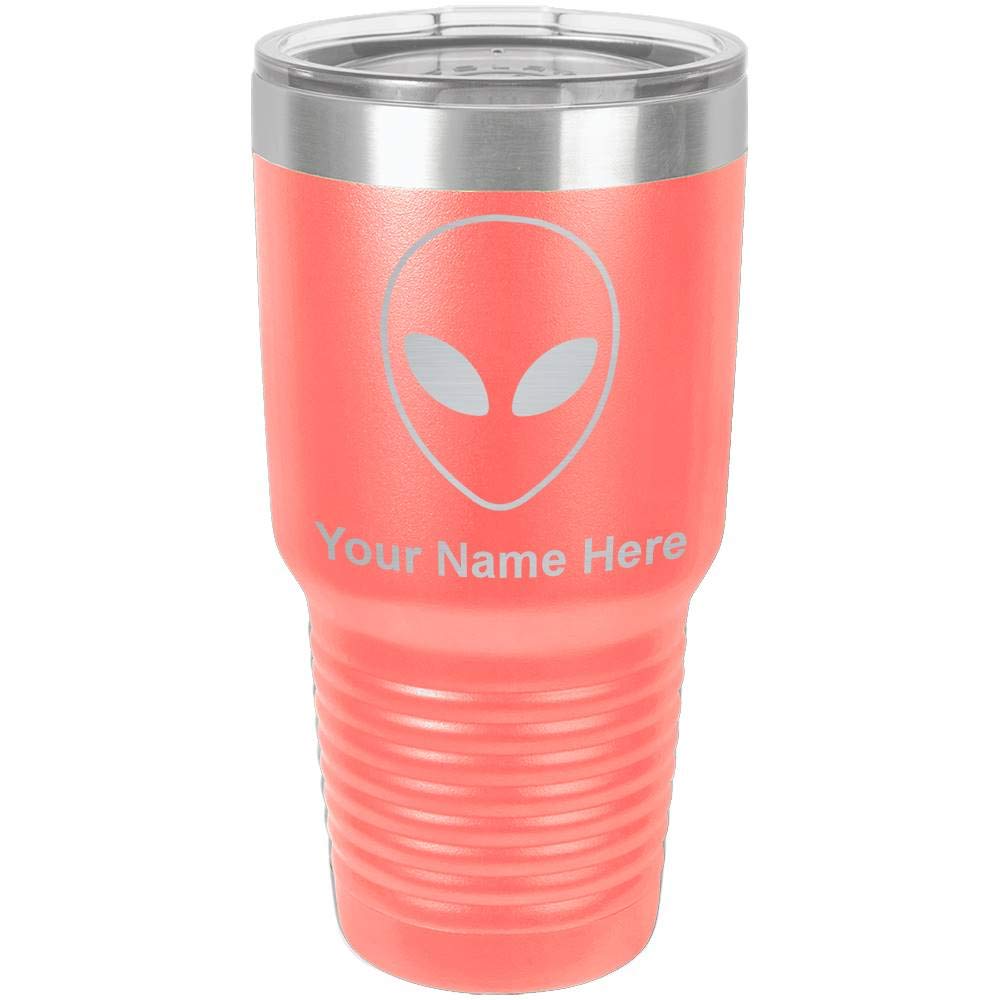 LaserGram 30oz Vacuum Insulated Tumbler Mug, Alien Head, Personalized Engraving Included (Coral)