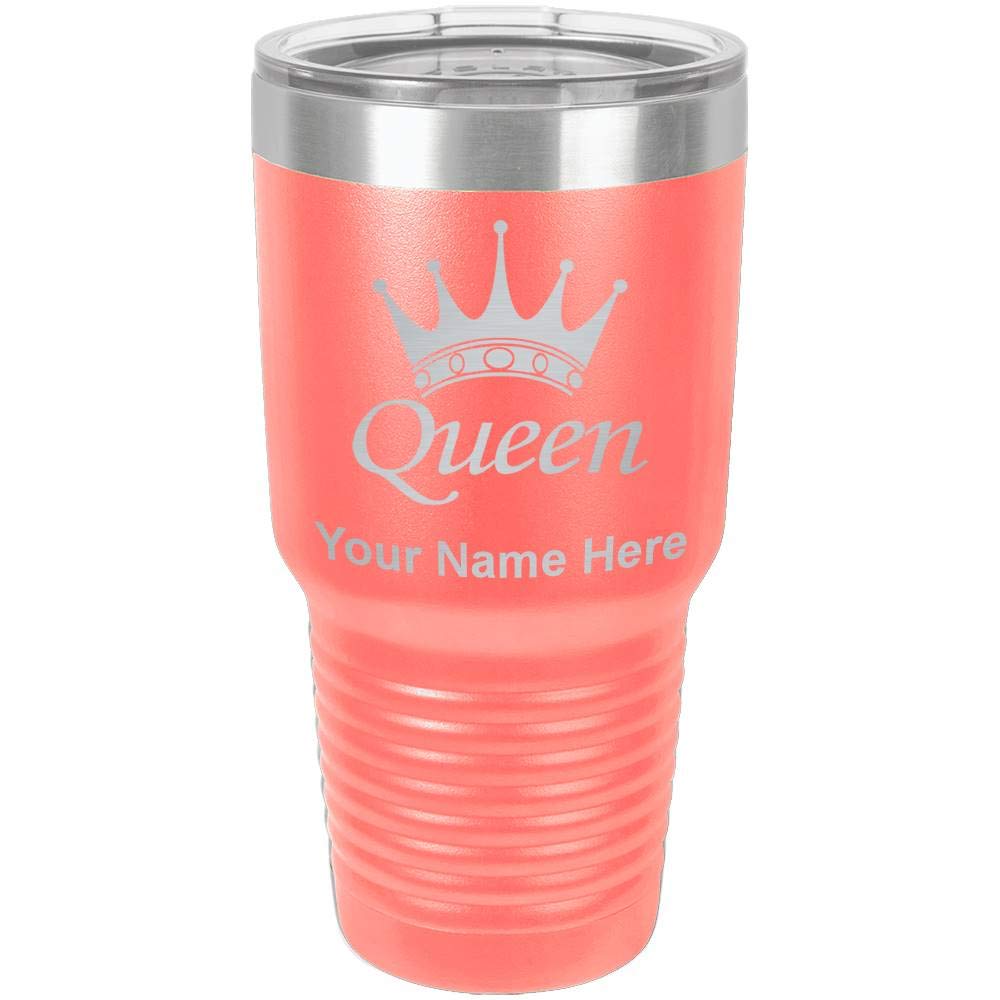 LaserGram 30oz Vacuum Insulated Tumbler Mug, Queen Crown, Personalized Engraving Included (Coral)