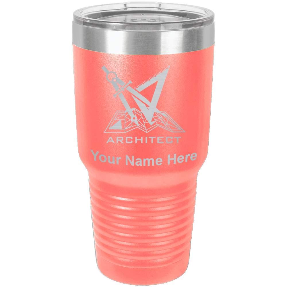LaserGram 30oz Vacuum Insulated Tumbler Mug, Architect Symbol, Personalized Engraving Included (Coral)