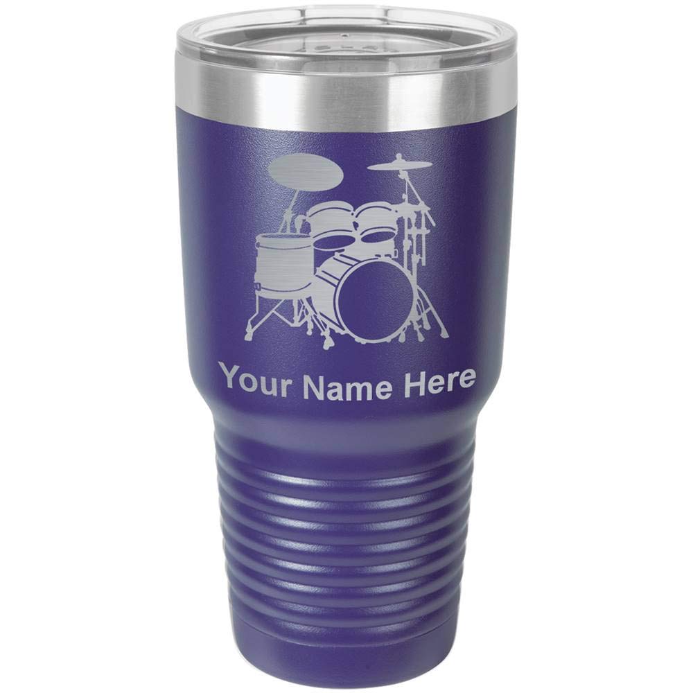 LaserGram 30oz Vacuum Insulated Tumbler Mug, Drum Set, Personalized Engraving Included (Dark Purple)