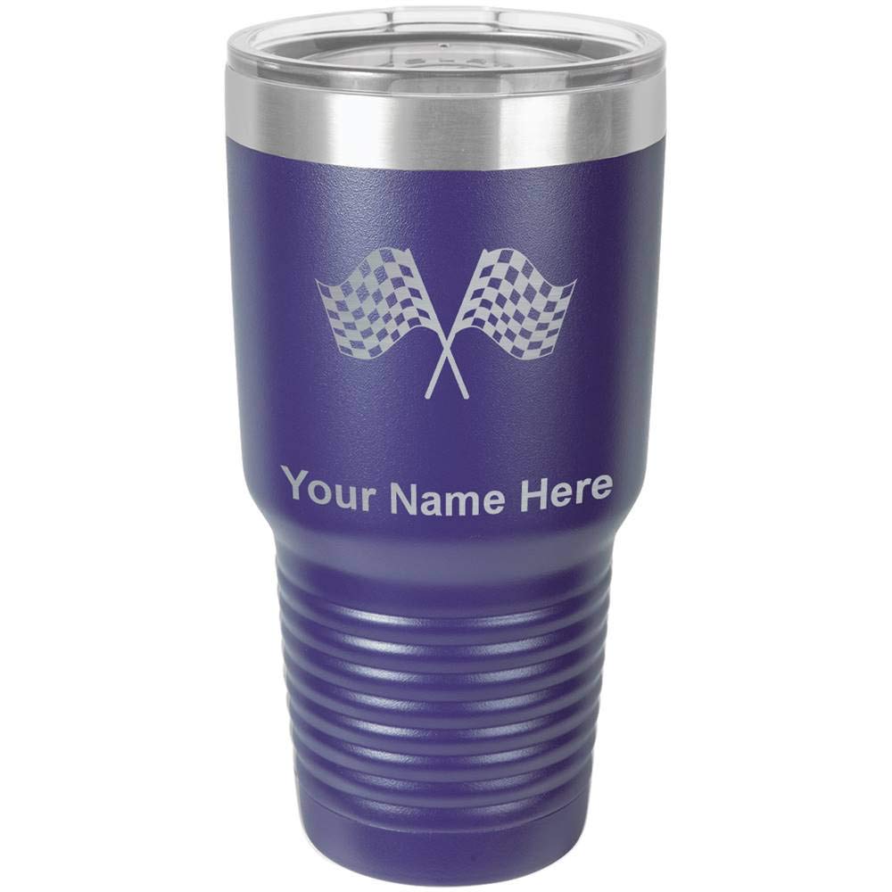 LaserGram 30oz Vacuum Insulated Tumbler Mug, Racing Flags, Personalized Engraving Included (Dark Purple)