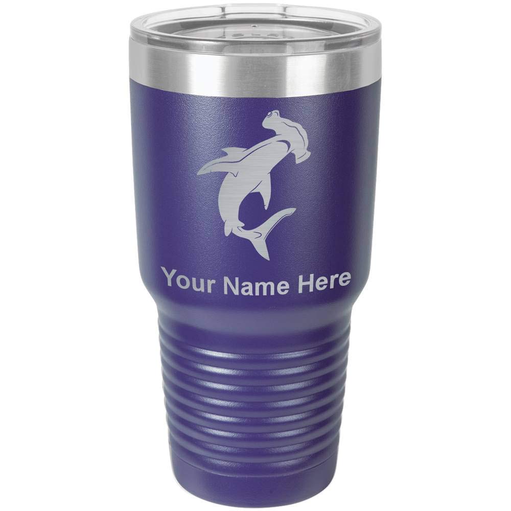 30oz Vacuum Insulated Tumbler Mug, Hammerhead Shark, Personalized Engraving Included (Dark Purple)
