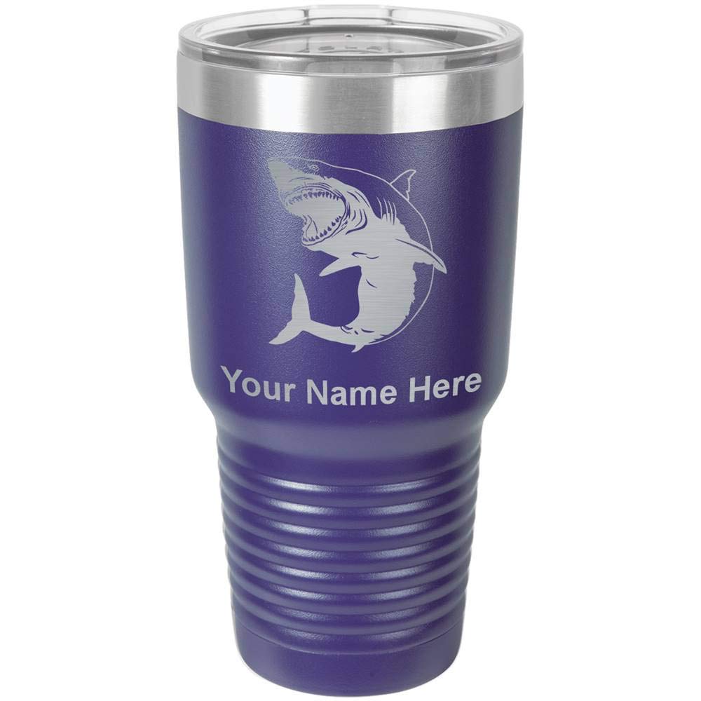 LaserGram 30oz Vacuum Insulated Tumbler Mug, Great White Shark, Personalized Engraving Included (Dark Purple)