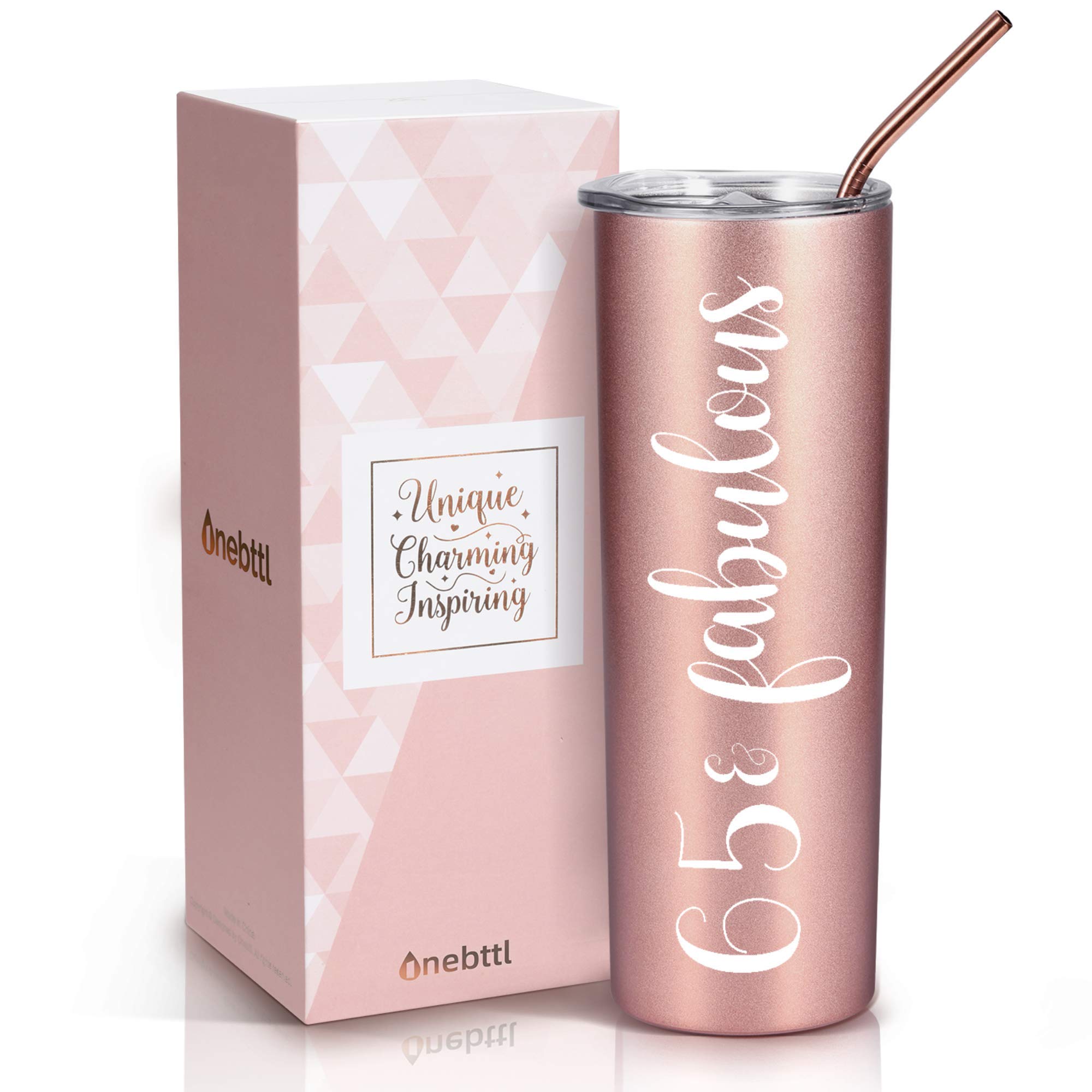 Onebttl 65th Birthday Gifts for Women, 65 & Fabulous, 20 Oz Insulated Stainless Steel Skinny Wine Tumbler for Mom, Best Friend, Sister, Aunt, Wife, Coworkers, Rose Gold