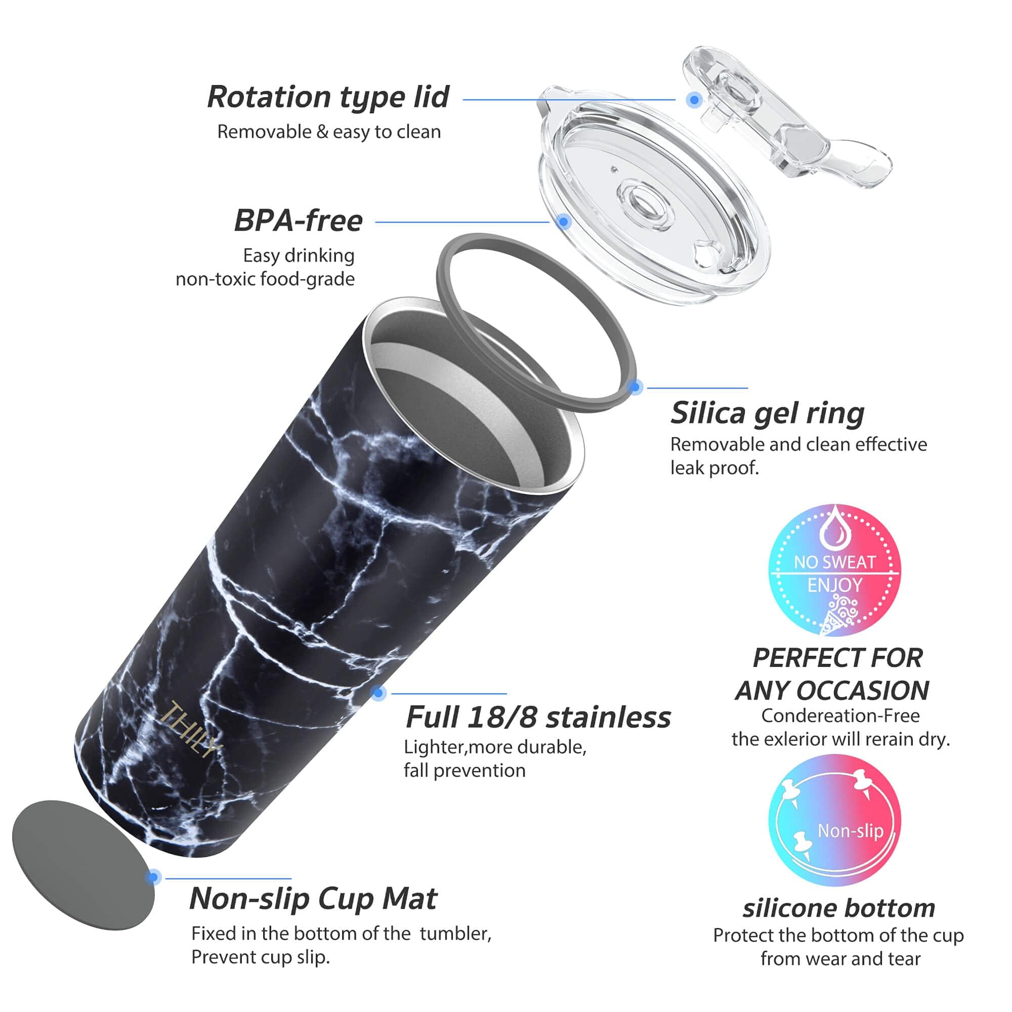 THILY Stainless Steel Vacuum Insulated Tumbler Travel Mug 26 oz Coffee Cup with 2 Lids and Straws, Splash Proof, Keep Ice Drinks Cold, Black Marble