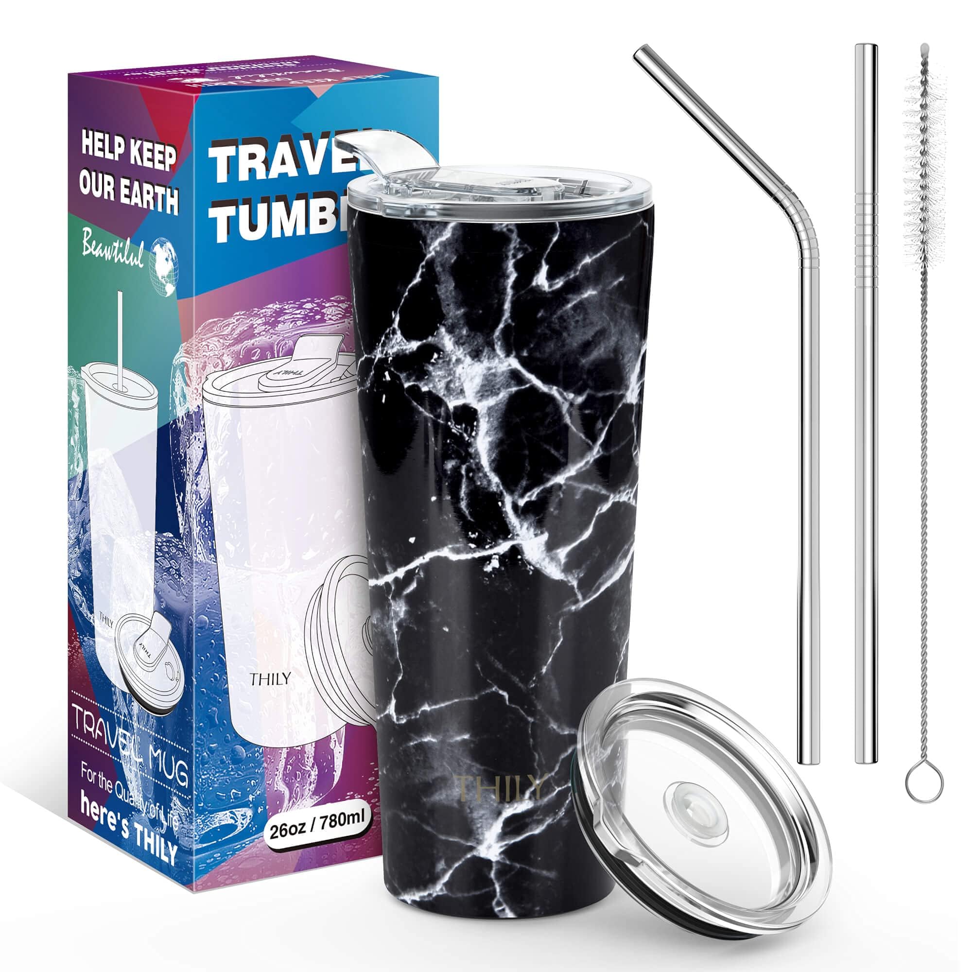 THILY Stainless Steel Vacuum Insulated Tumbler Travel Mug 26 oz Coffee Cup with 2 Lids and Straws, Splash Proof, Keep Ice Drinks Cold, Black Marble