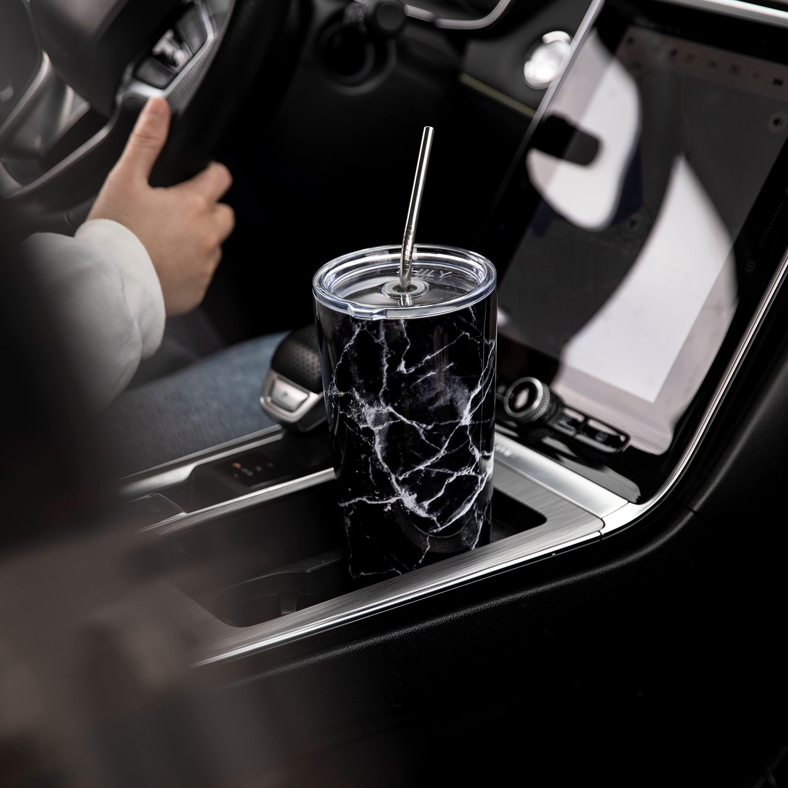 THILY Stainless Steel Vacuum Insulated Tumbler Travel Mug 26 oz Coffee Cup with 2 Lids and Straws, Splash Proof, Keep Ice Drinks Cold, Black Marble