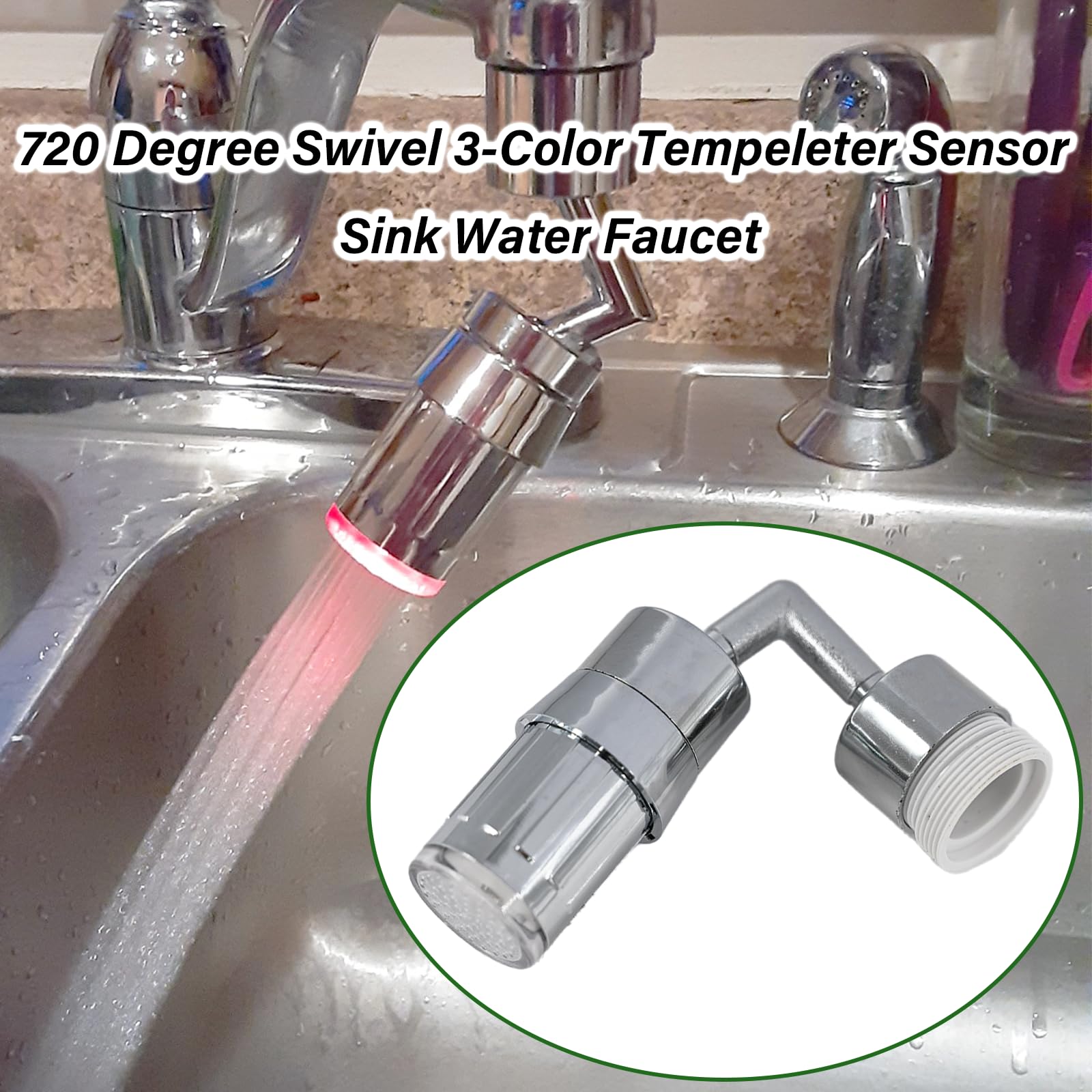 720 Degree Swivel Sink Water Faucet,Universal Light Up Faucet Adapter,3-Color tempeleter Sensor Big Angle Spray Large Flow,Faucet Head Replacement for Kitchen Bathroom Face Washing