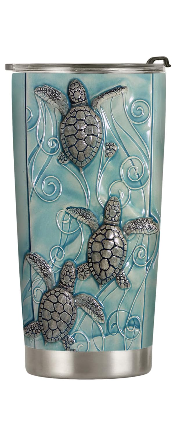 20oz Printed Ceramic Sea Turtle Tumbler, Gifts for Turtle Lovers, Ocean, Beach Gifts, Coffee Thermos for Women, Stainless Steel Double Wall Vacuum Insulated Coffee Mug, Travel Cup with Lid