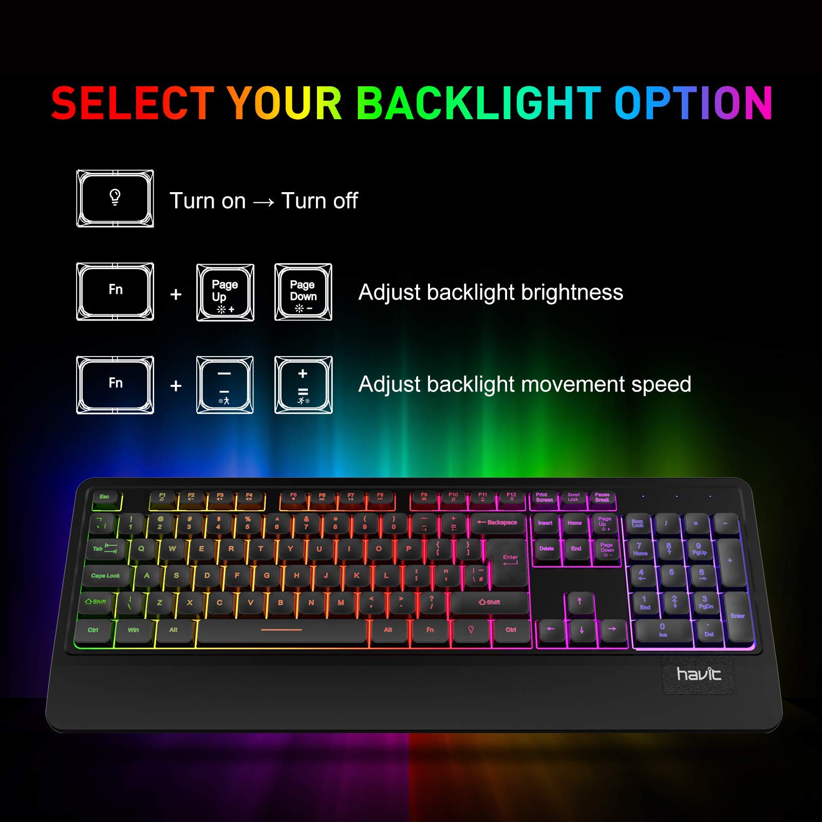 Havit Wired Keyboard, USB Quiet Backlit Computer Keyboard Ergonomic LED Gaming Keyboards Wrist Rest 104 Keys for Office PC Desktop Laptop Game Black (Renewed)