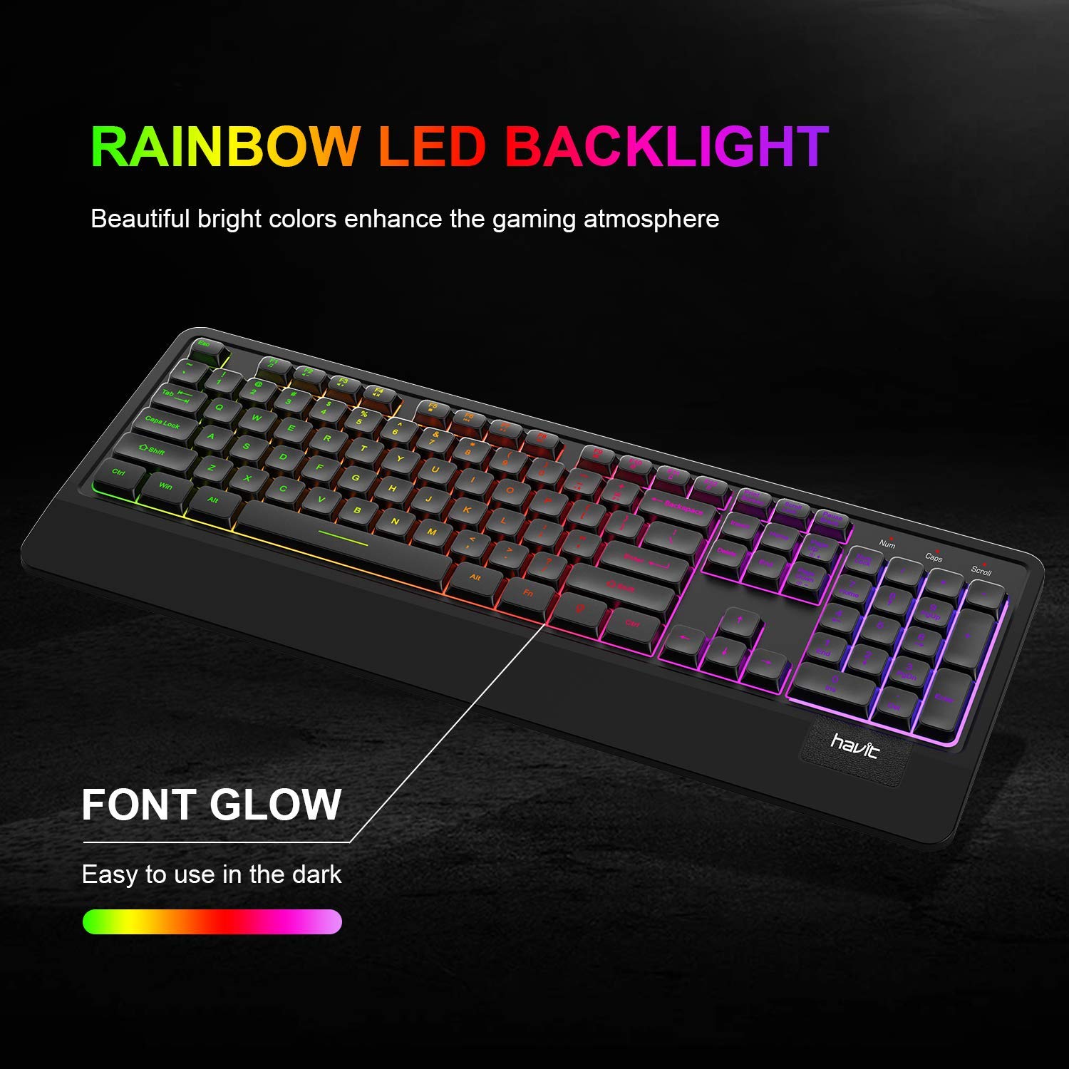 Havit Wired Keyboard, USB Quiet Backlit Computer Keyboard Ergonomic LED Gaming Keyboards Wrist Rest 104 Keys for Office PC Desktop Laptop Game Black (Renewed)