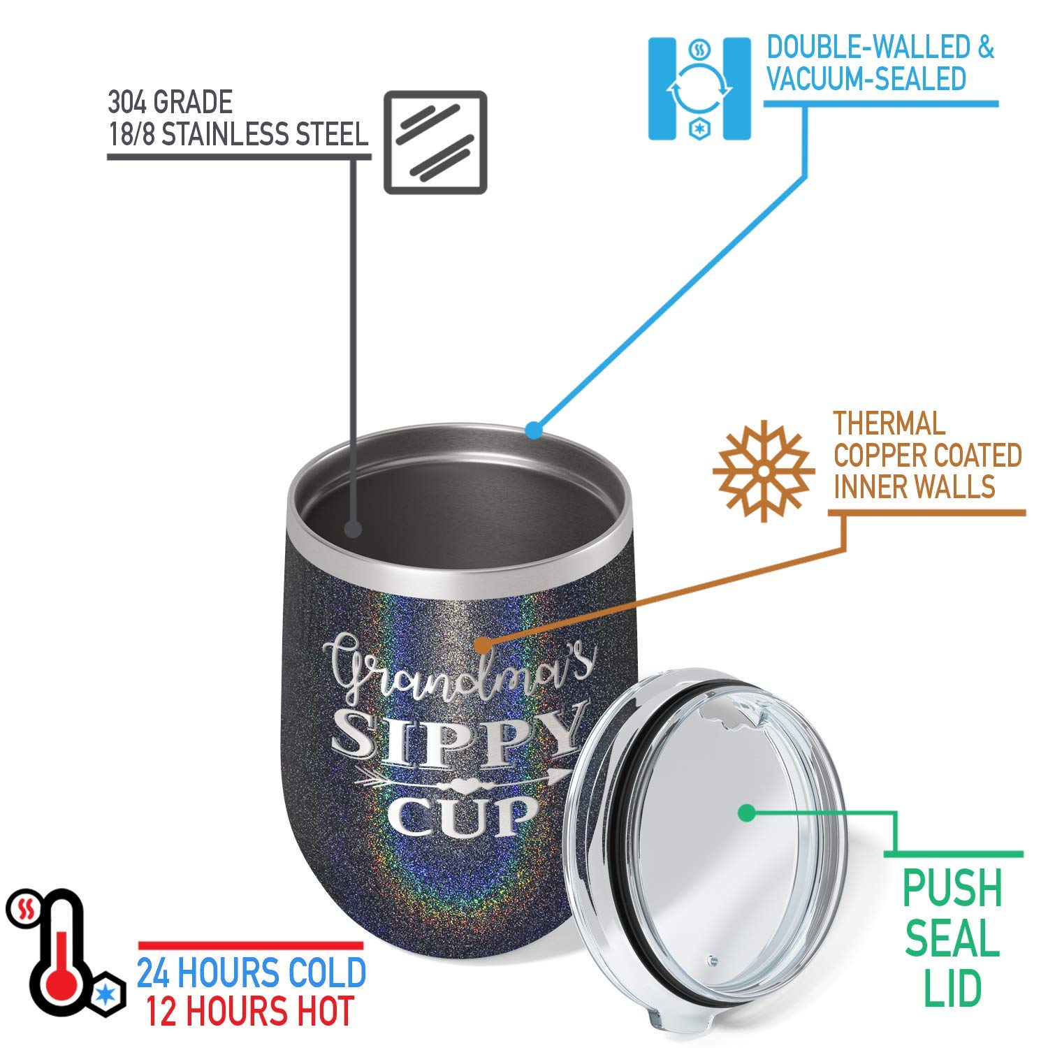 Grandmas Sippy Cup Gift for Women Birthday on Black Glitter 12 oz Insulated Wine Tumbler